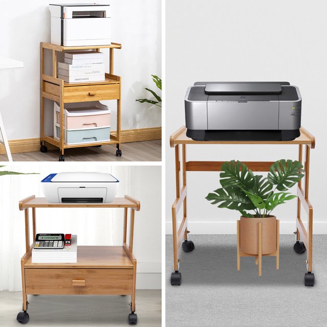 Printer Cart Bamboo Printer Stand Holder Rolling Printer Cart With ...