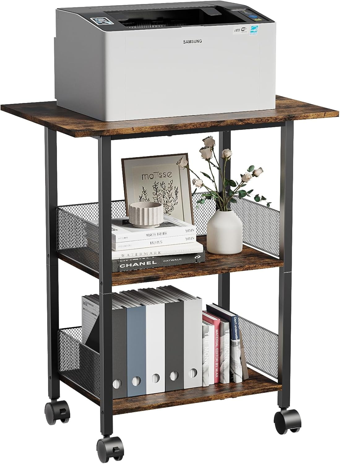 Printer Stand, 3-Tier Mobile Industrial Printer Table with Anti-Fall ...