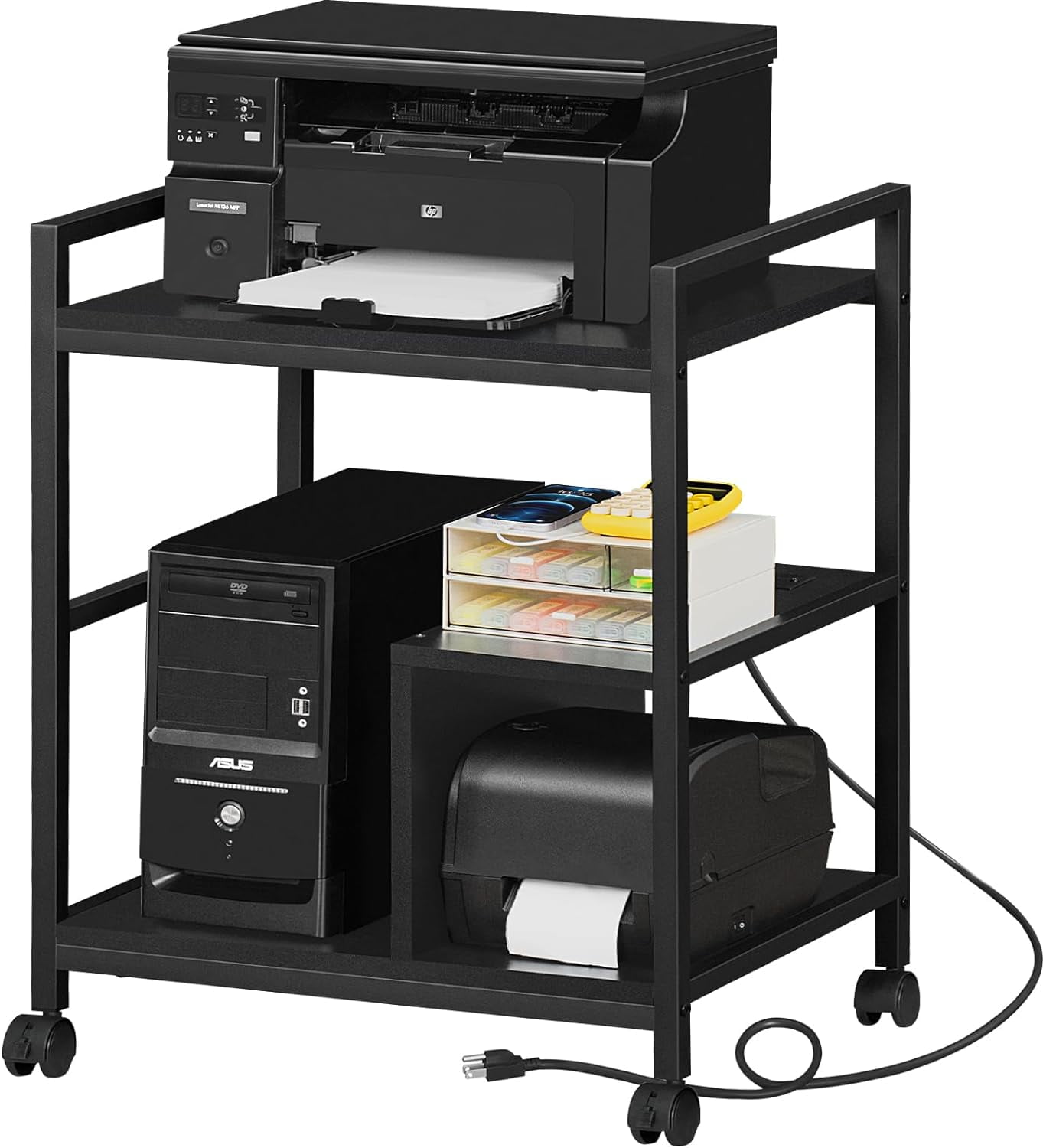 Printer Stand with Charging Station and USB Ports, Large 3-Tier Rolling ...