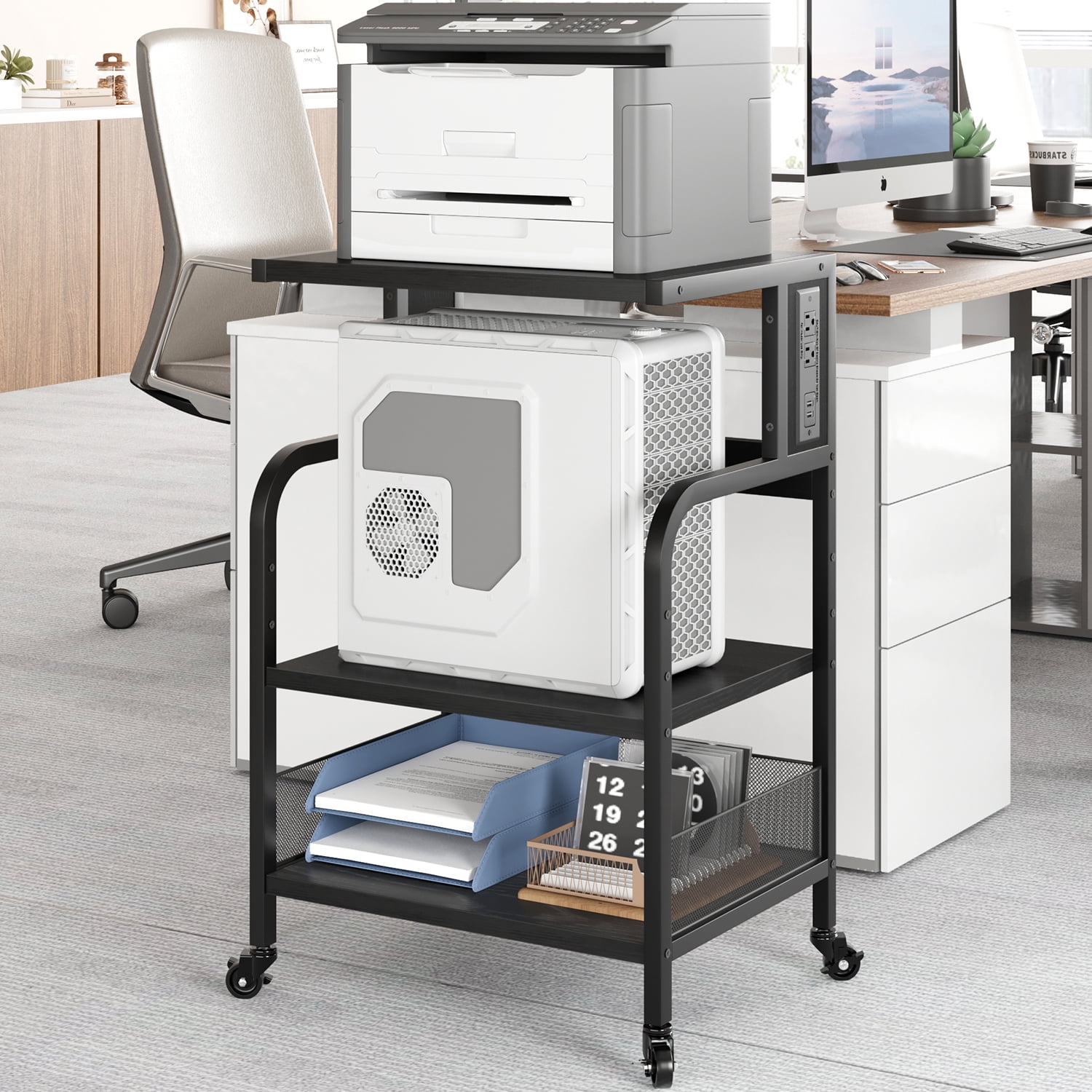 Printer Stand with Power Outlet, Large Printer Table with Adjustable ...