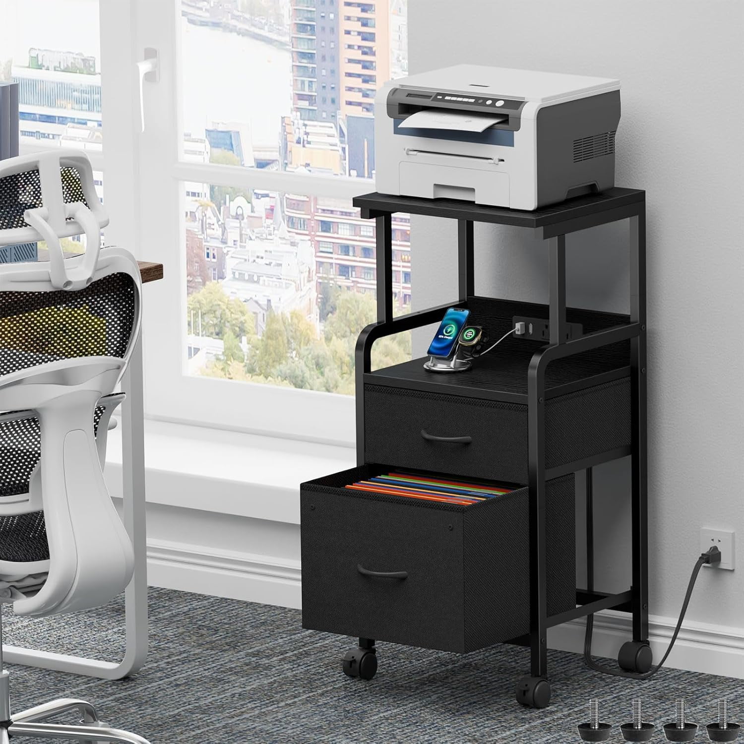 Printer Stand with Power Outlets & File Cabinet, 2 Tiers Rolling ...