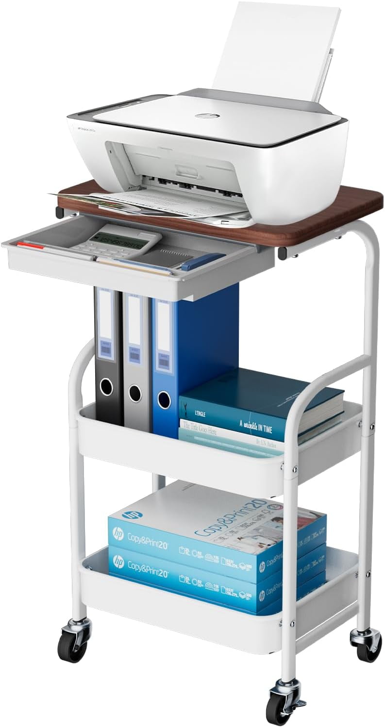 Printer Stand with Storage Drawer, Locking Wheels, Rolling Utility Cart ...
