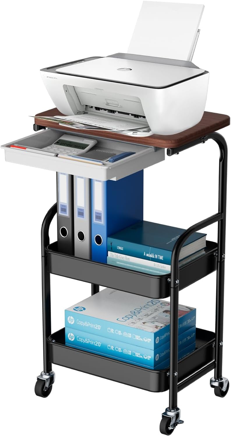 Printer Stand with Storage Drawer, Locking Wheels, Rolling Utility Cart ...