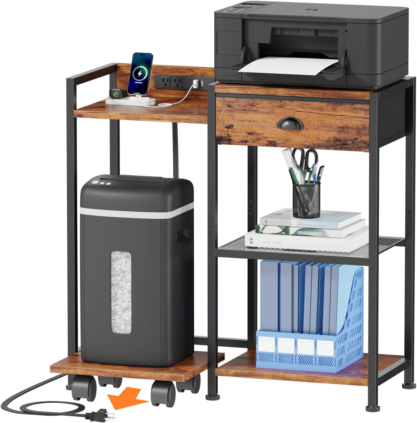 Printer Stand with Storage Drawer,Printer Table with Charging Station ...