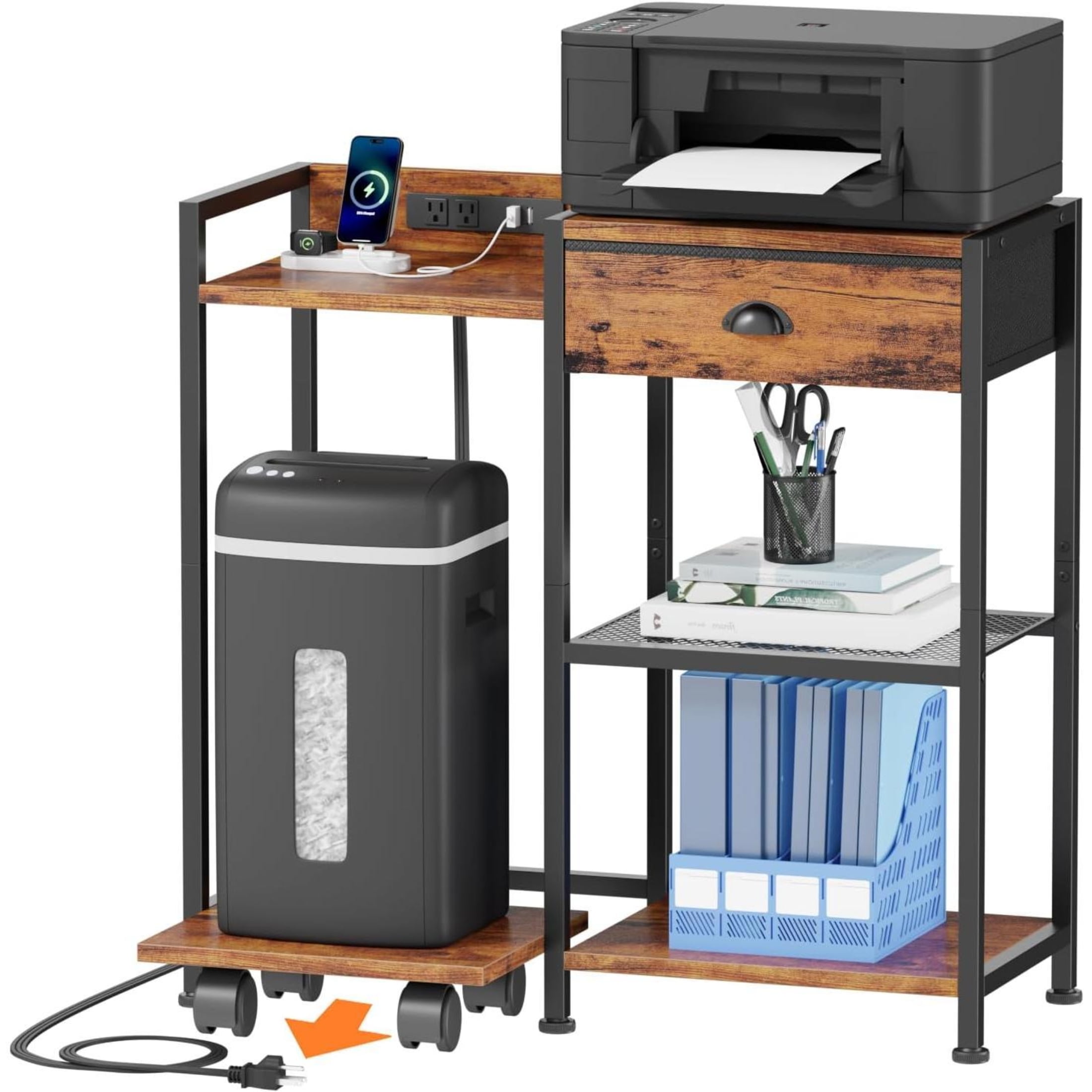 Printer Stand with Storage Drawer,Printer Table with Charging Station ...