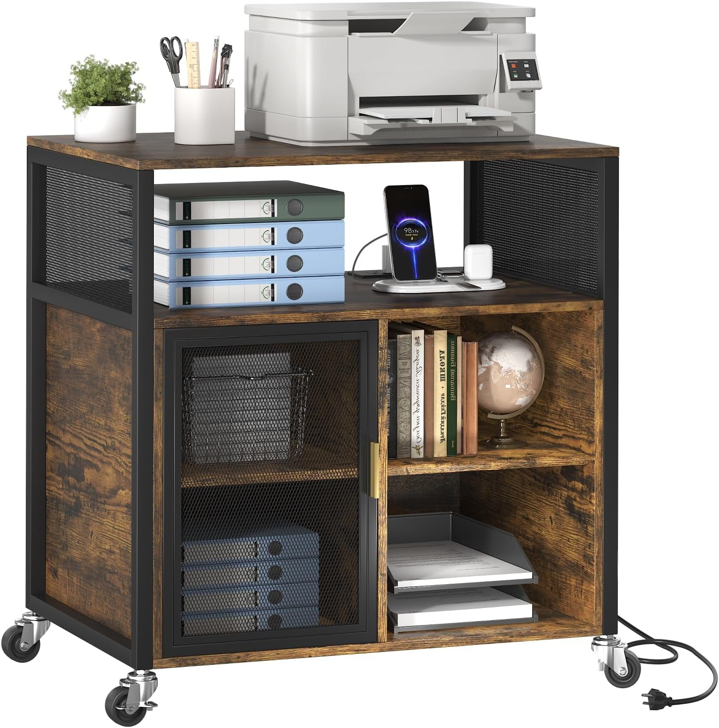Printer Stand with Storage File Cabinet w/Wheels and Charging Station ...