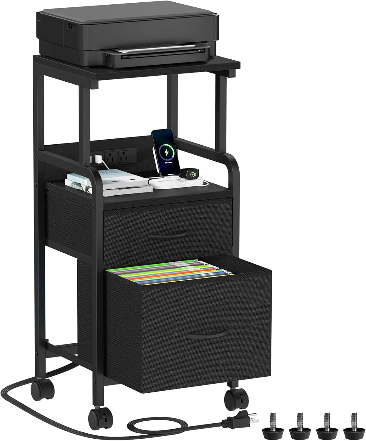 Printer Stand with Storage & Power Outlets, 4-Tier Rolling Printer Cart ...