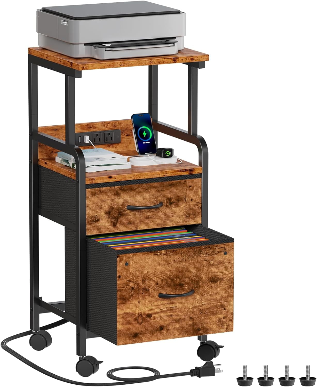 Printer Stand with Storage & Power Outlets, 4-Tier Rolling Printer Cart ...