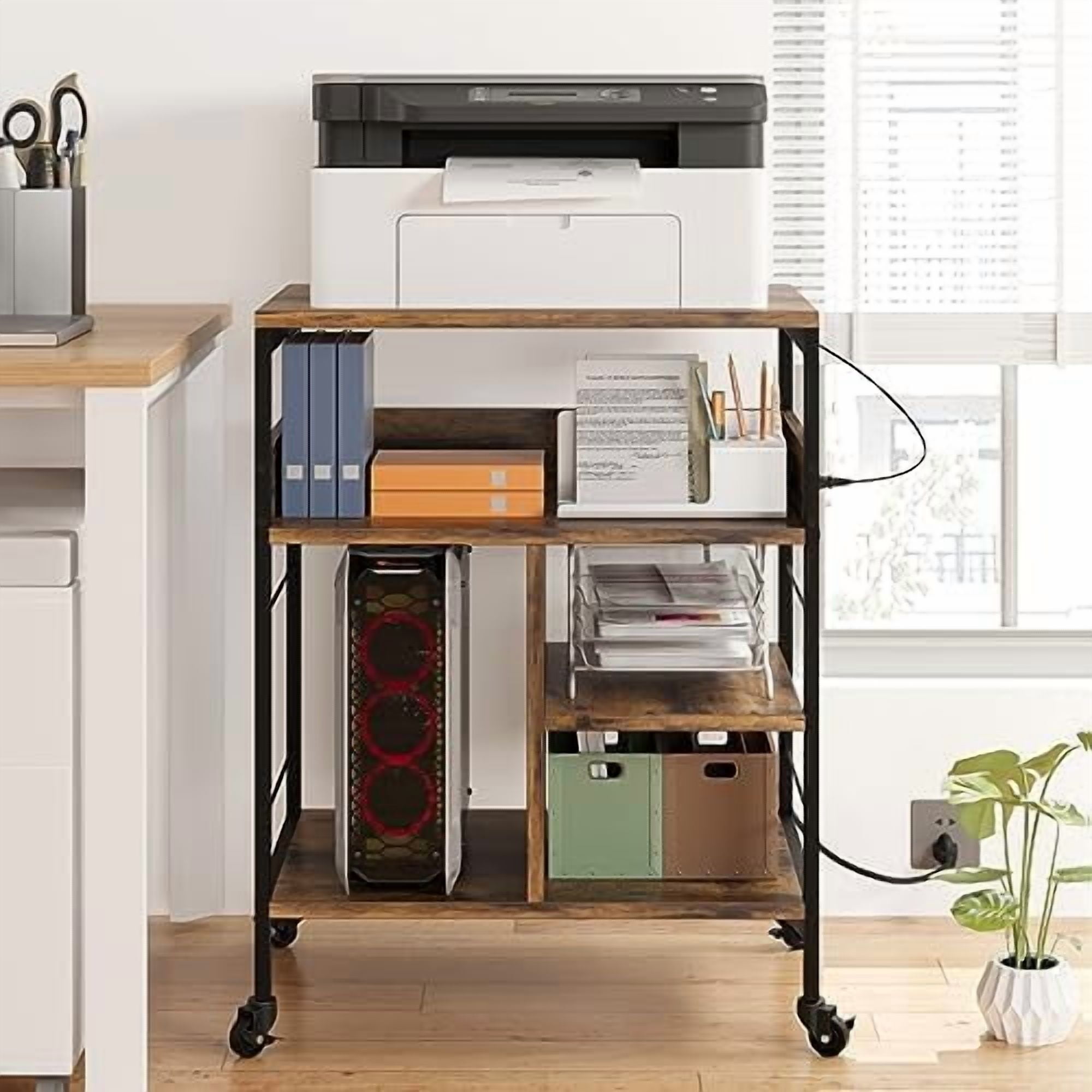 Printer Stand with Wheels, 4 Tier Rolling Printer Cart with Charging ...