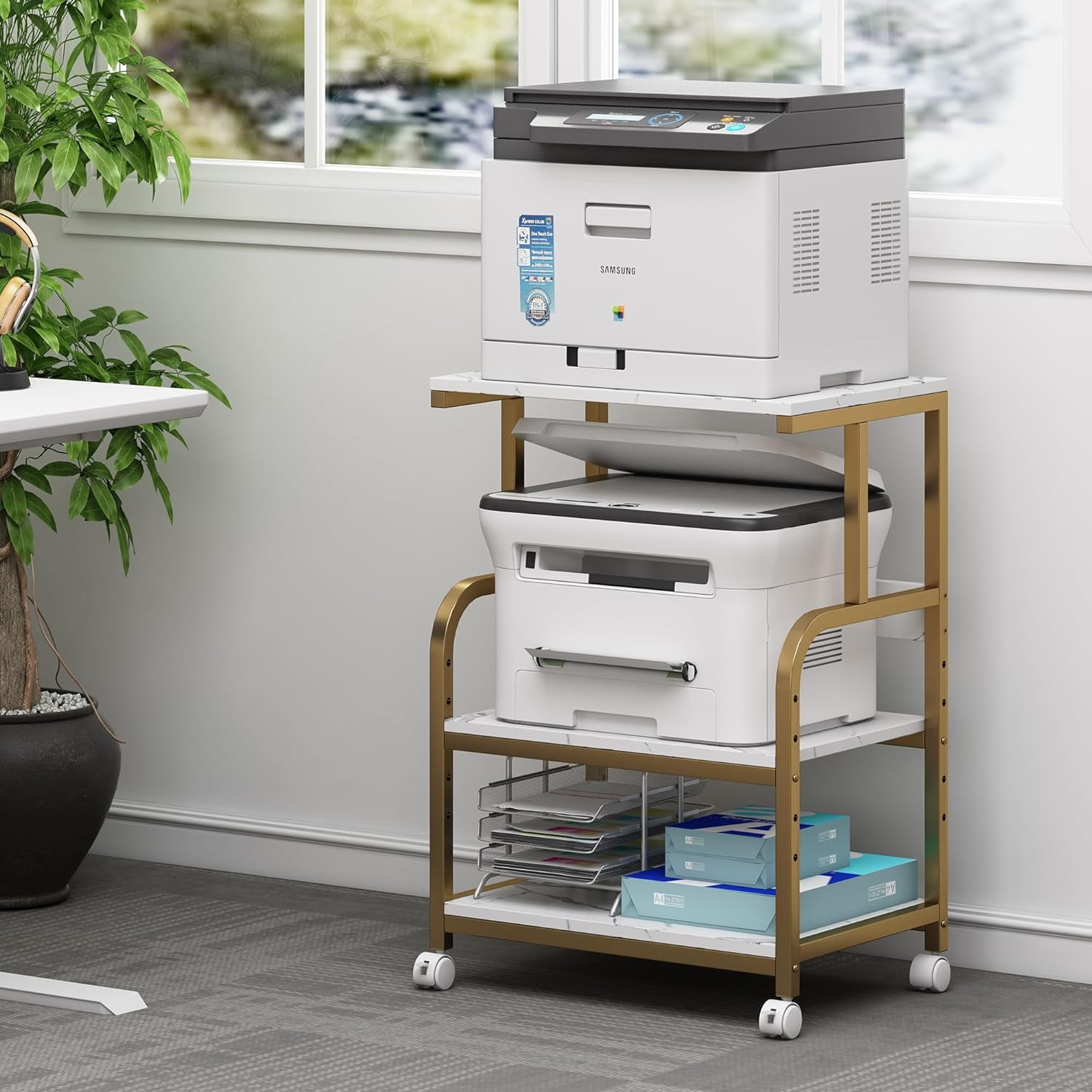 Printer Table with Storage for Home Office Organization, 3 Tier Printer ...