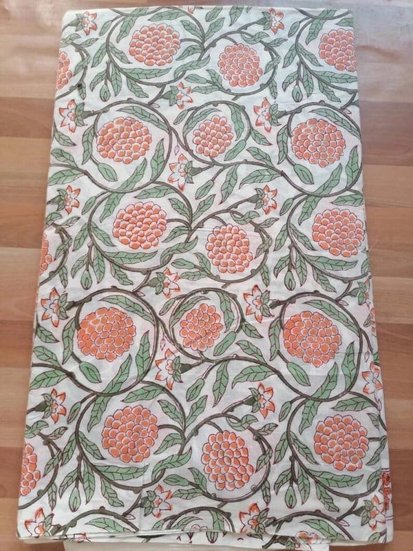 Printofab Orange and Army Green Floral Border Design Hand Block Print ...