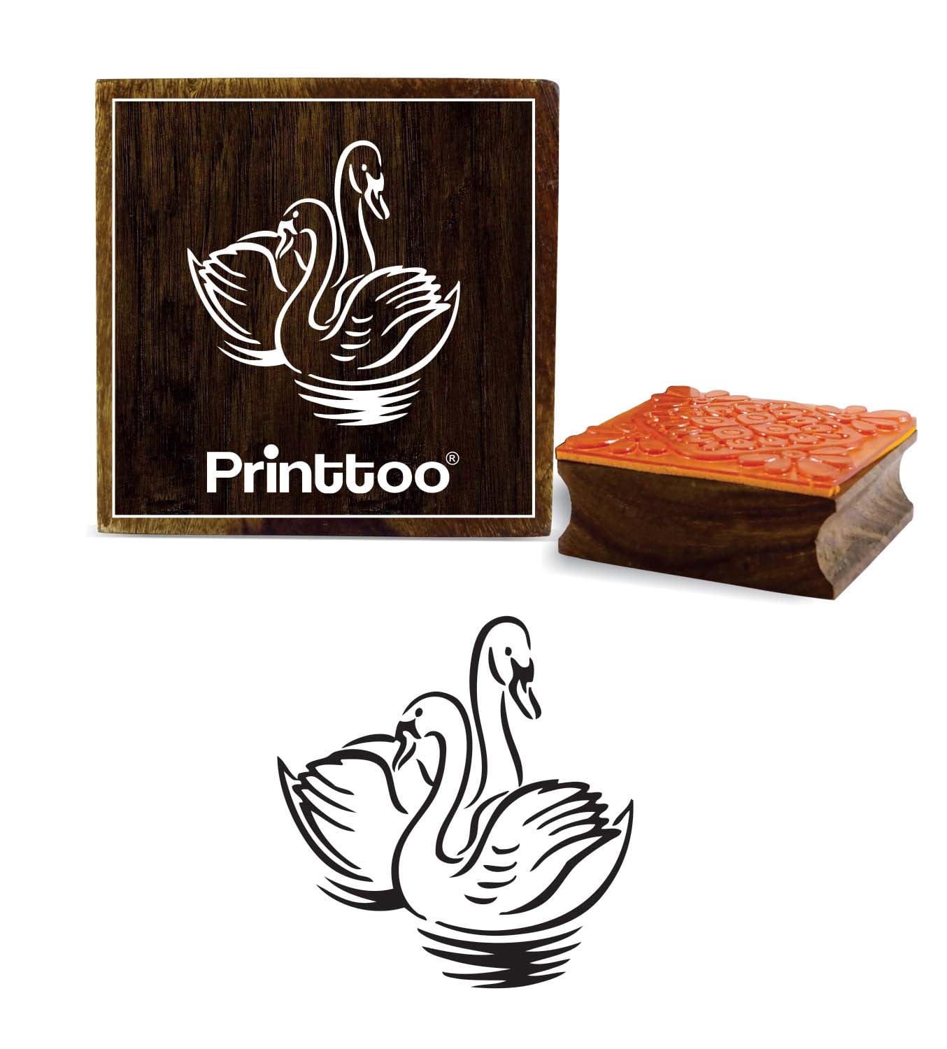 Printtoo Square Swan Pattern Brown Wooden Rubber Stamp Card Making ...