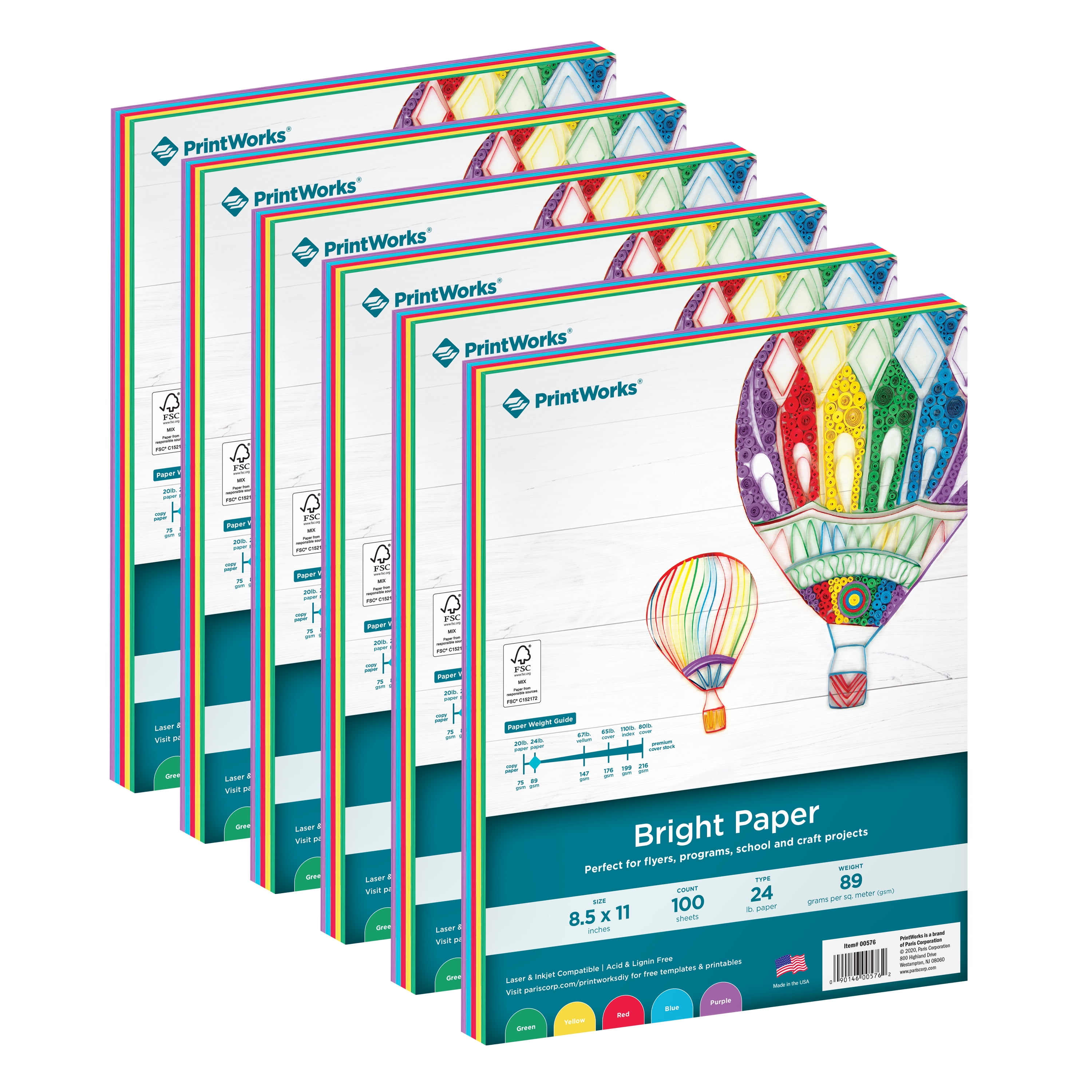 Printworks Bright Colored Paper, 24 lb., Assorted Colors, 6 Pack Bundle ...
