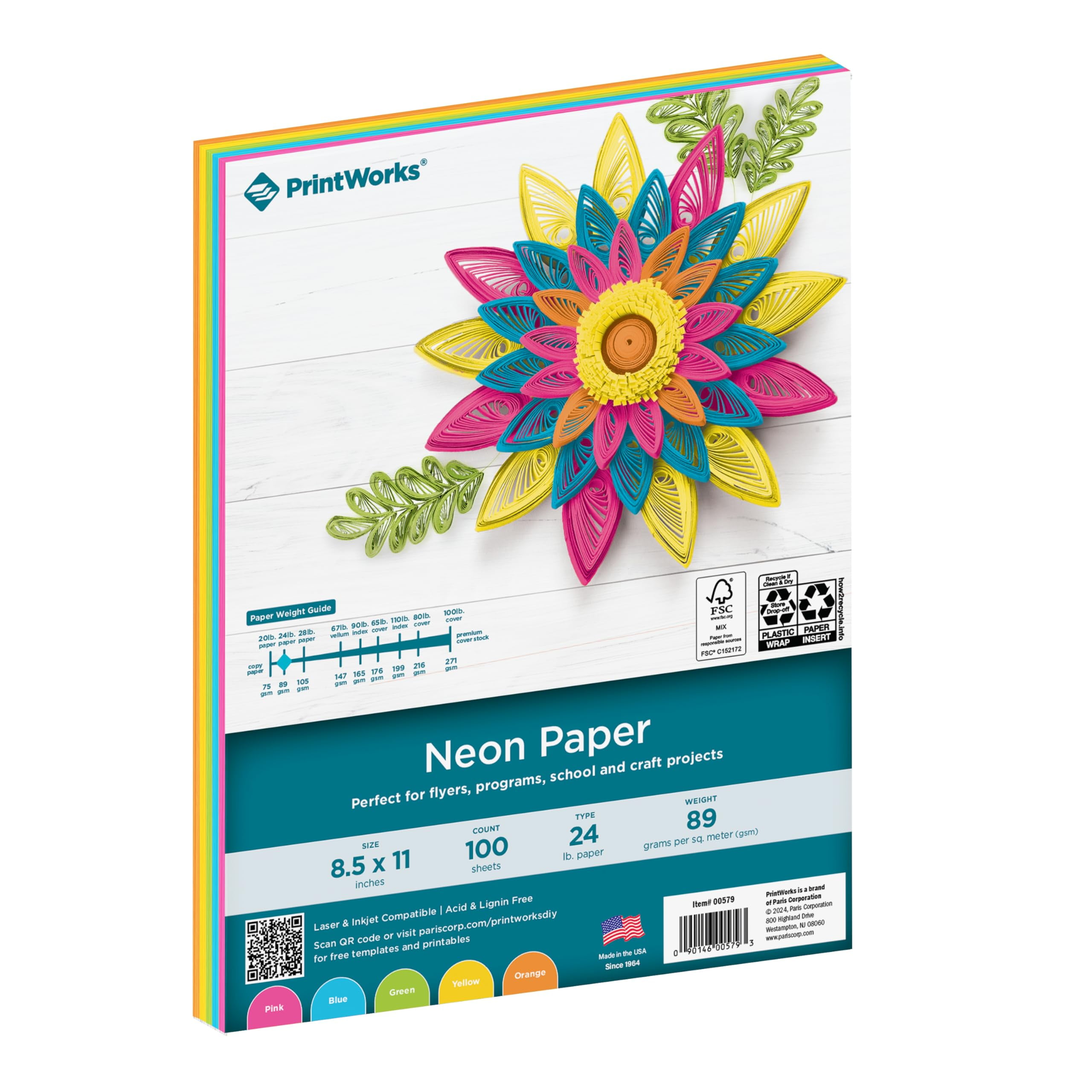 Printworks Neon Colored Paper, TSF6 24 lb, 5 Assorted Florescent Colors ...