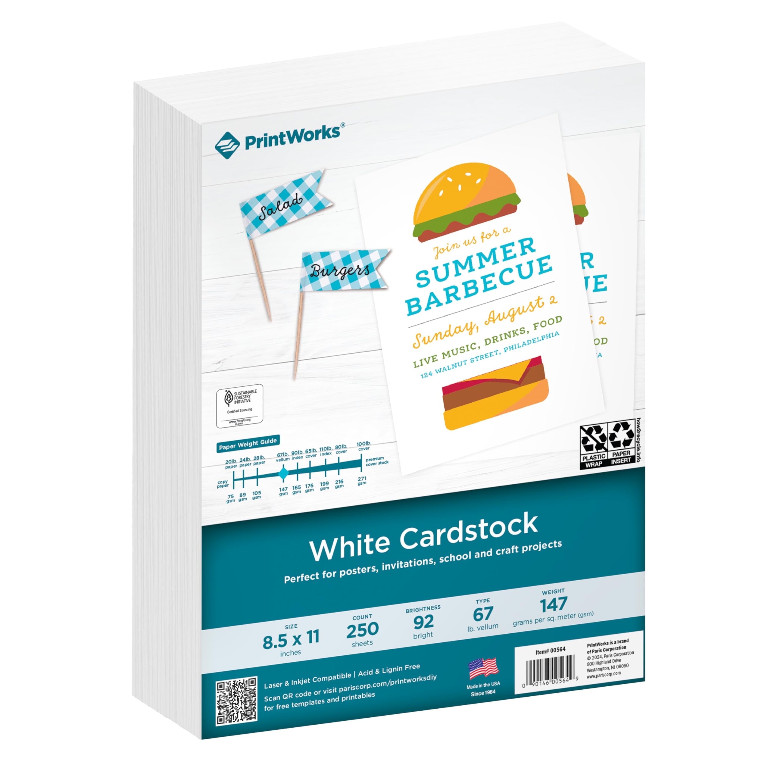 Printworks White Cardstock, Standard, 67 lb. Vellum, 92 Bright, 250 ...