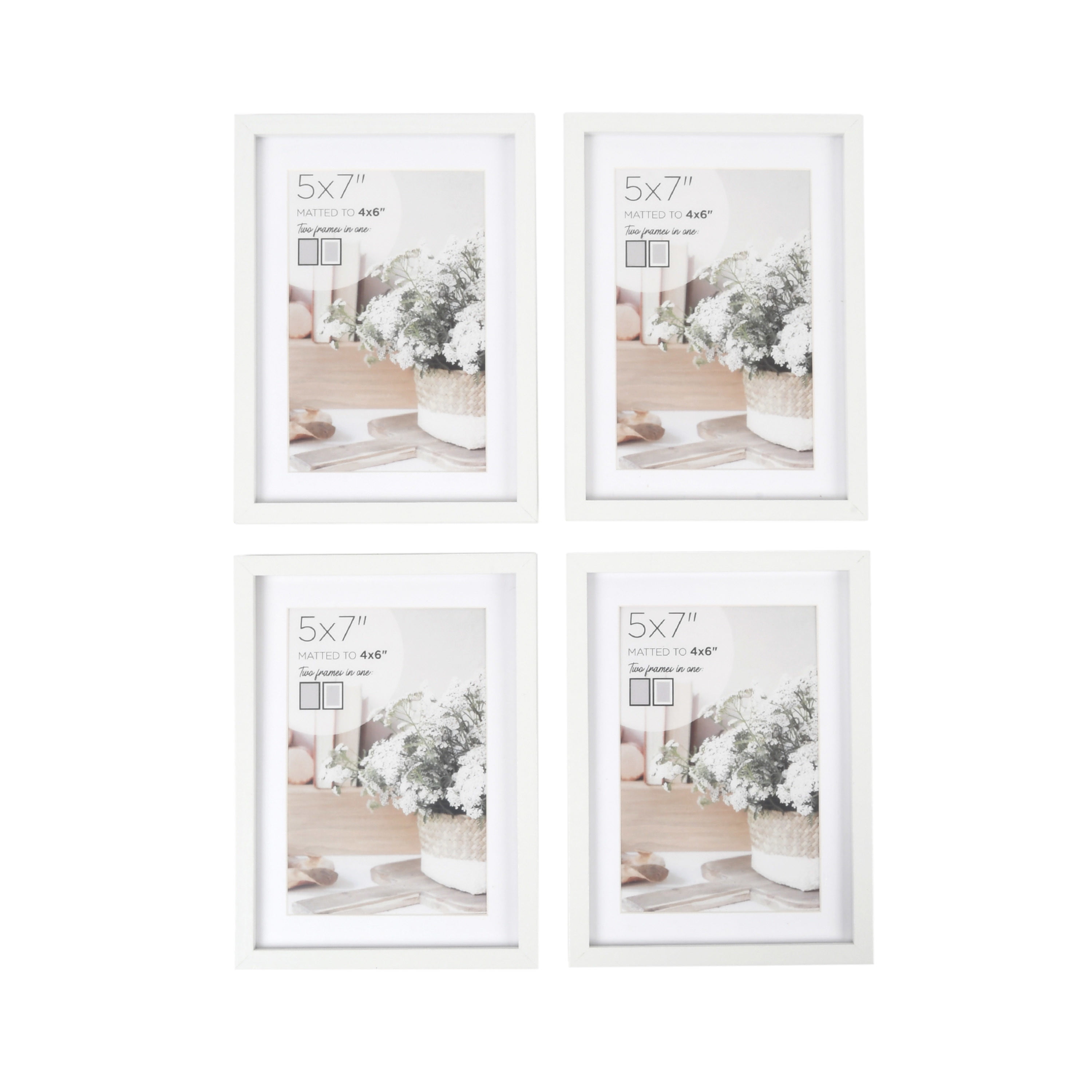 Prinz Dakota 5x7' White Linear Picture Frame, Set of 4, Matted to 4x6 ...
