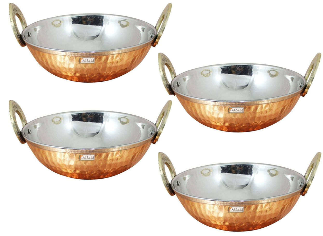 Prisha India Craft Copper Stainless Steel Hammered Karahi Kadhai Indian ...