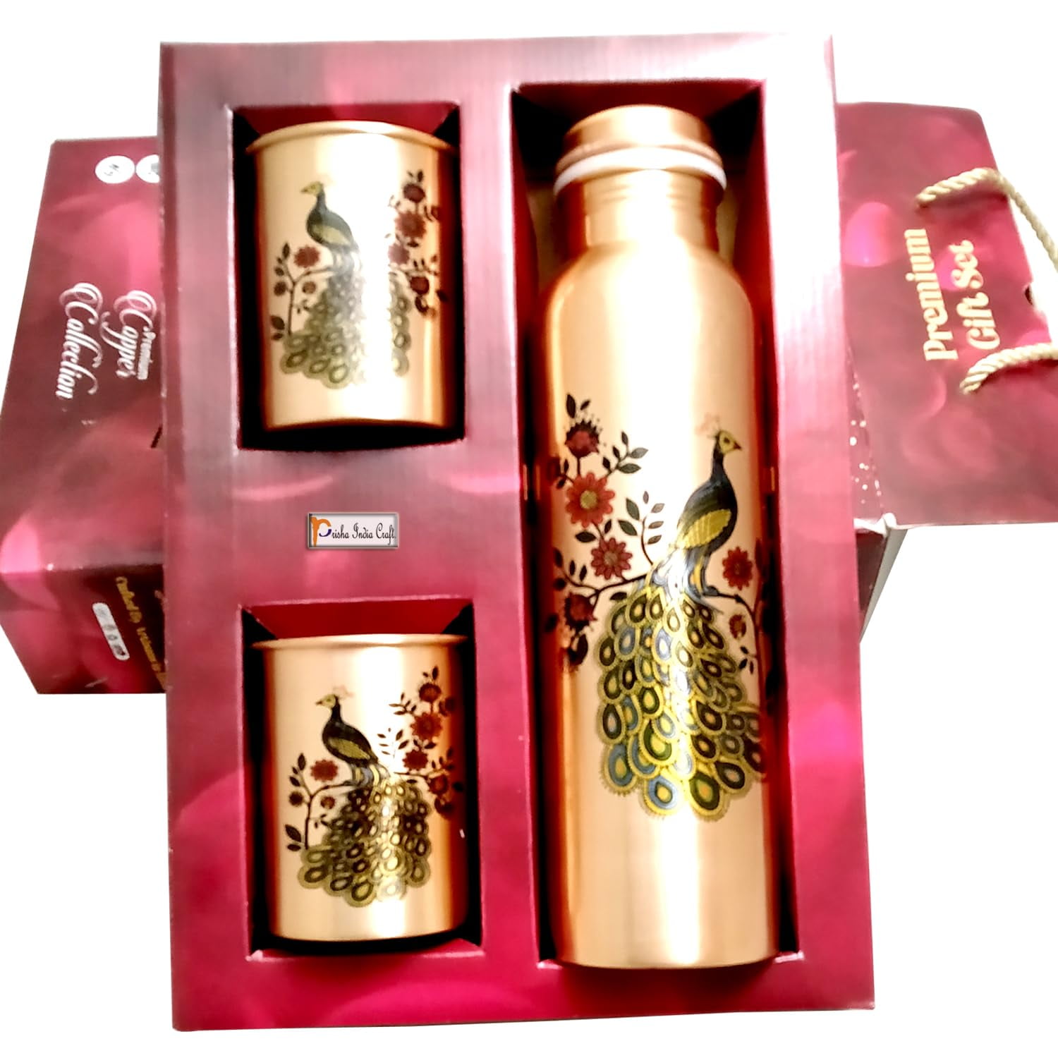 Prisha India Craft Gift Set Pure Classic Copper Water Bottle 900ml Copper Glass Pack of 2300ml ...