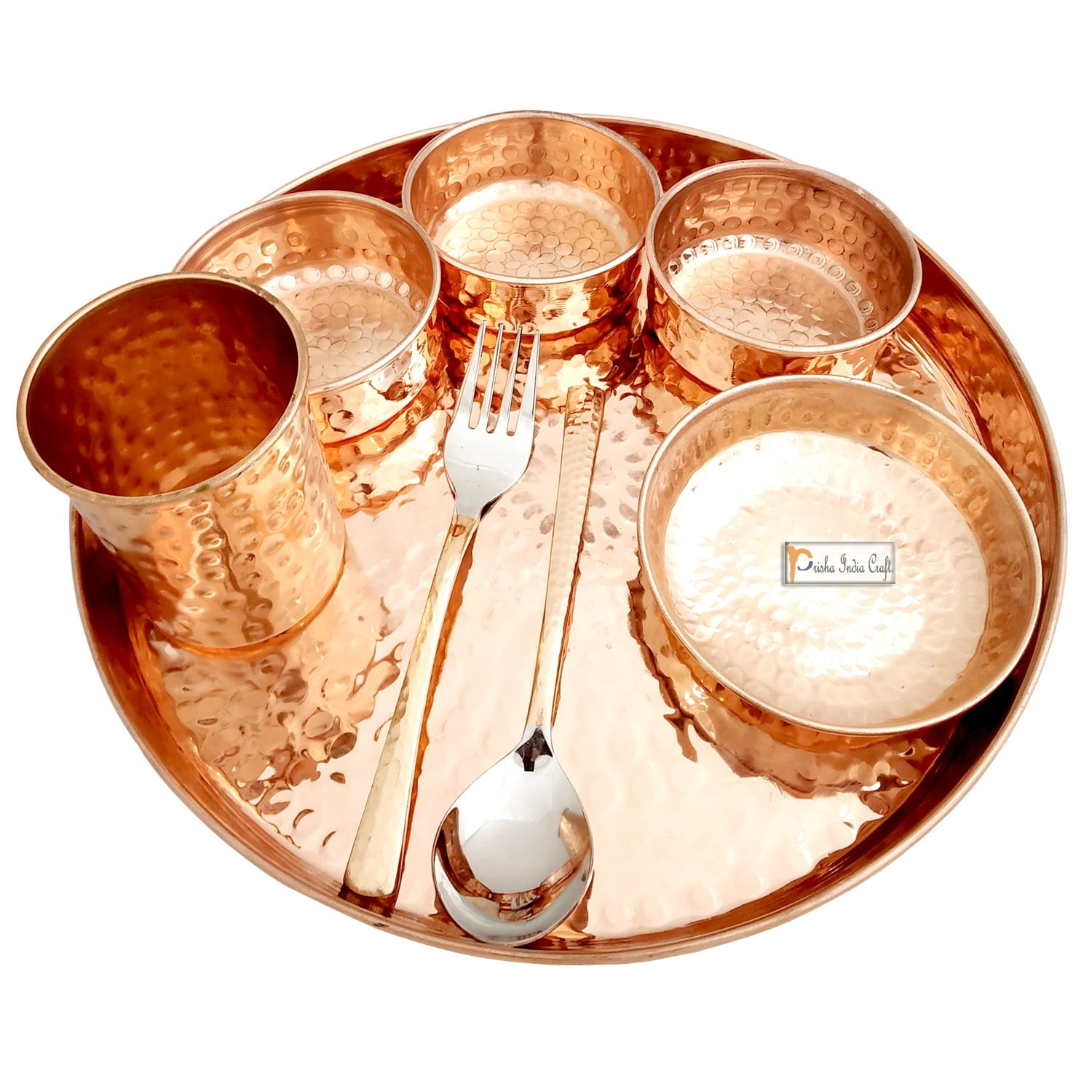 Prisha India Craft Pure Copper Thali Set of Plate, Bowl, Spoon, Fork ...