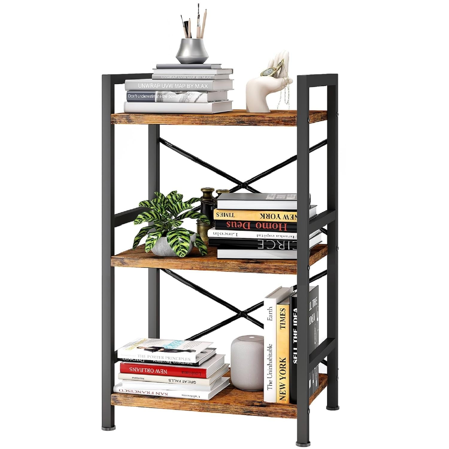Priti Bookshelf 3 Tier Industrial Bookcase Metal Small Bookcase Rustic ...