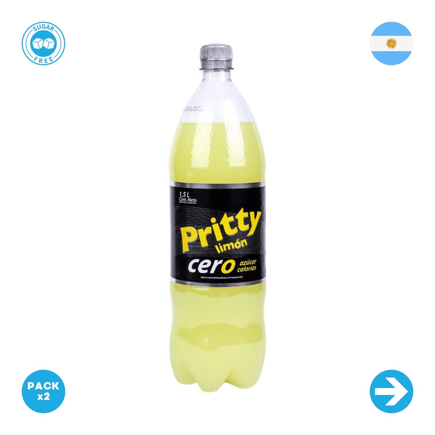 Pritty - Lemon flavored soda without sugar - 1.5lt - 50.72oz - Pack 2 ...