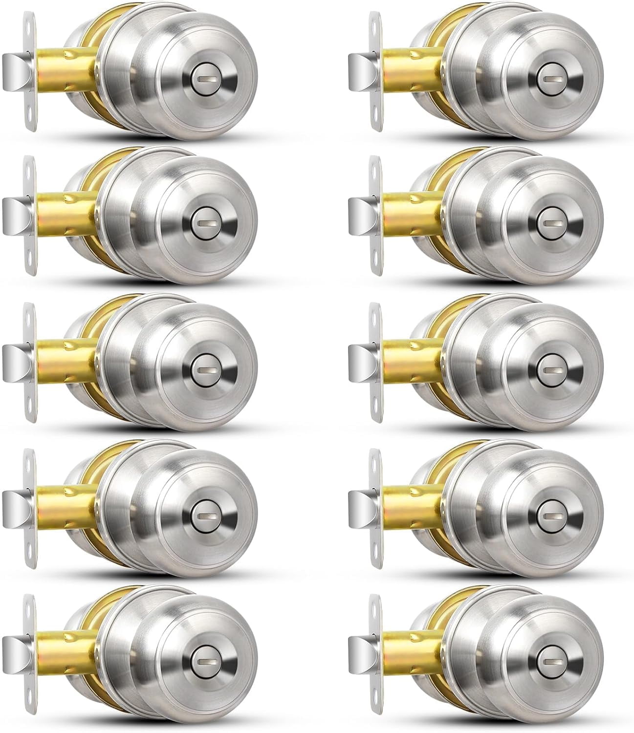 Privacy Door Knob, 10 Pack Brushed Nickel Round Keyless Doorknobs ...
