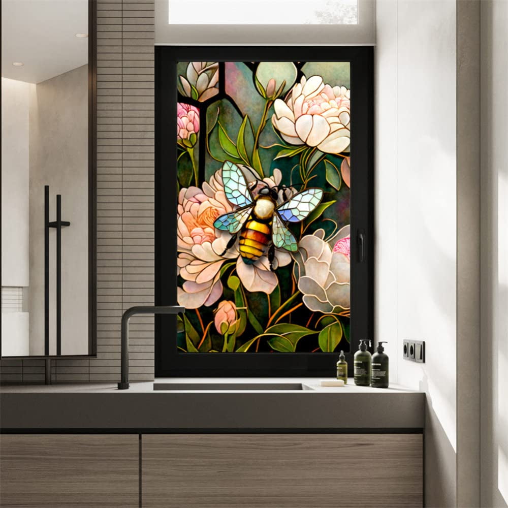 Privacy Window Film, Floral Bee Static Window Stickers, Stained Glass ...
