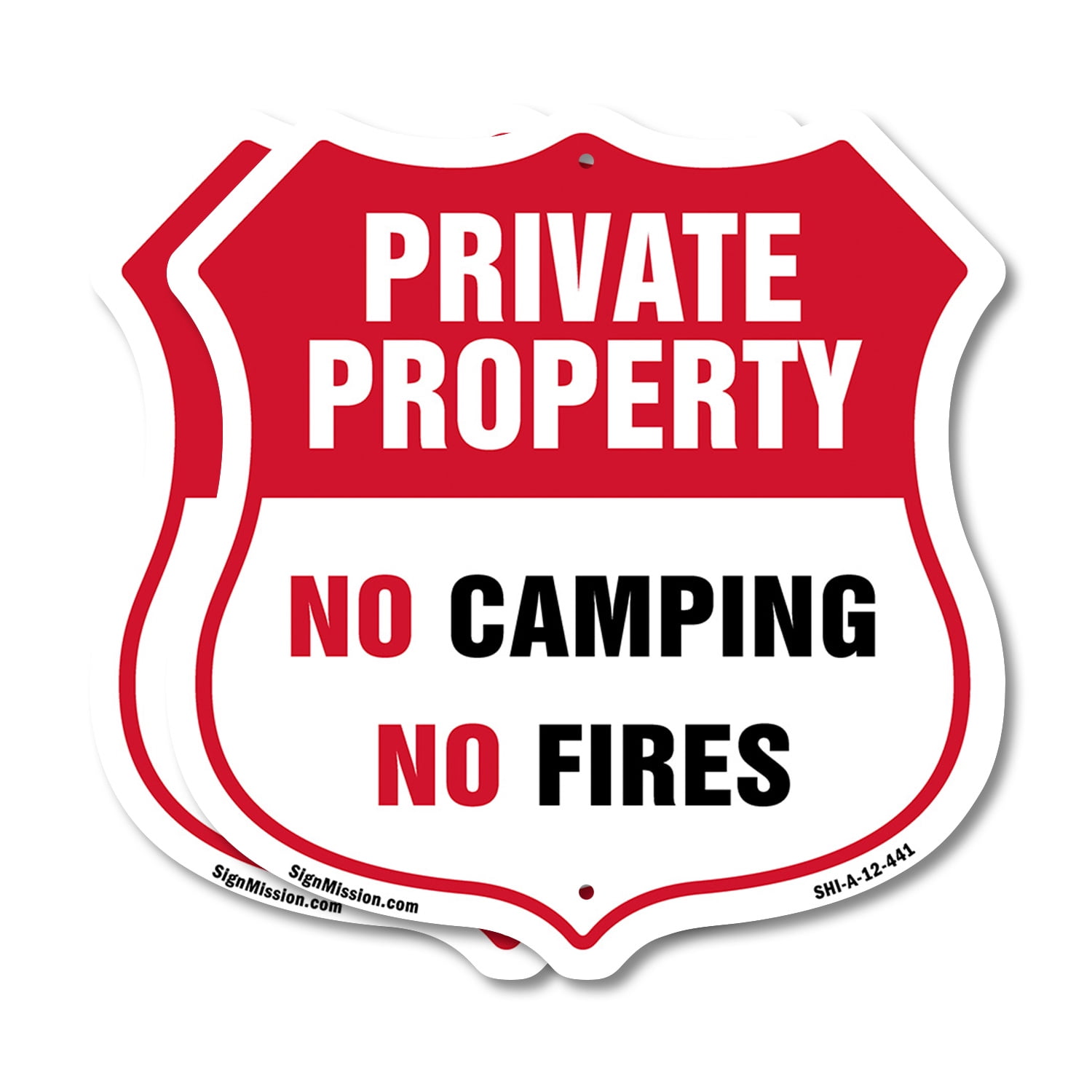 Private Property Shield Sign No Camping No Fires (2 Pack) 12 inch X 12 ...