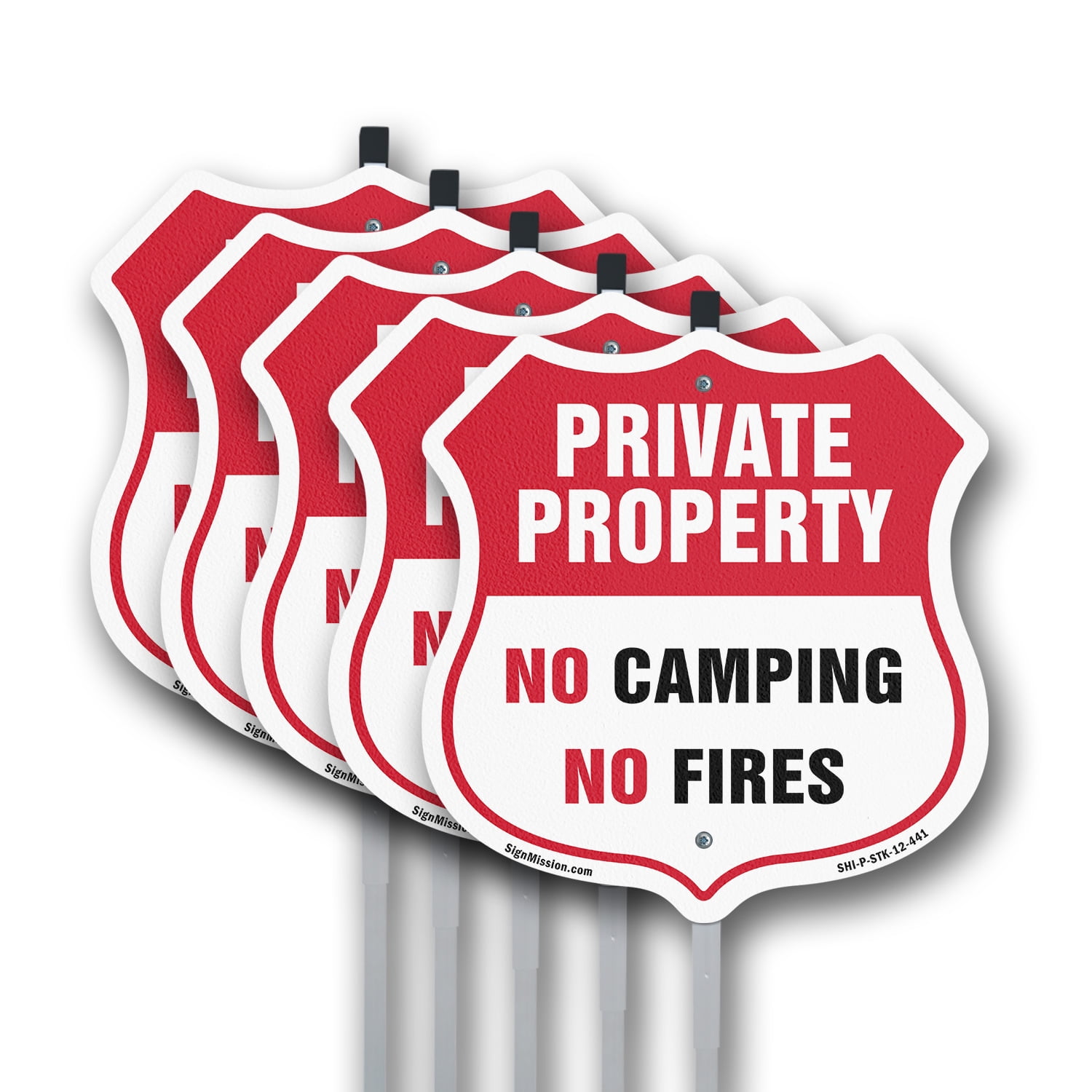 Private Property Shield Sign No Camping No Fires (5 Pack) 12 inch X 12 ...