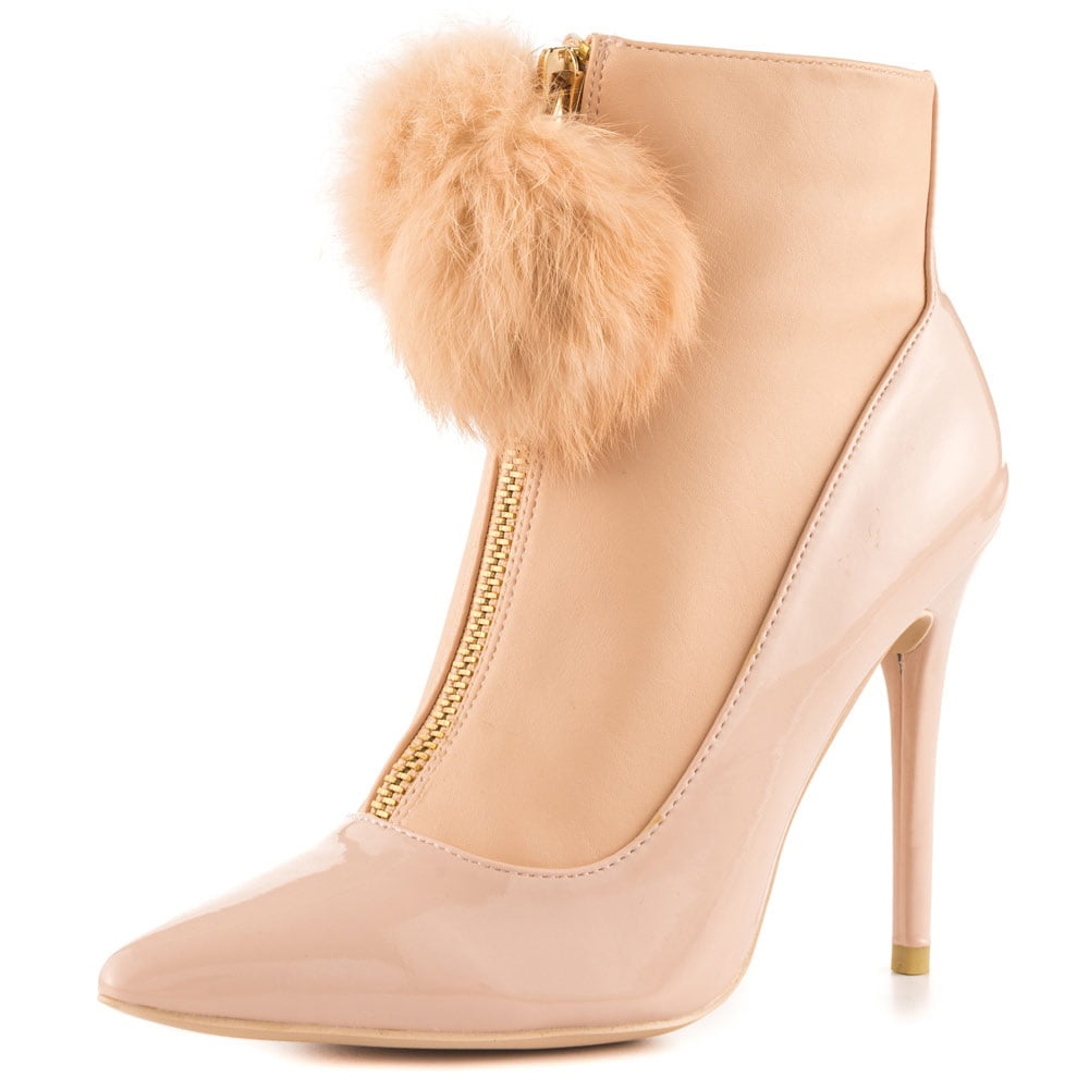Privileged Queda Blush Patent / Matt Pointed Toe Fur Pom Pom Gold ...
