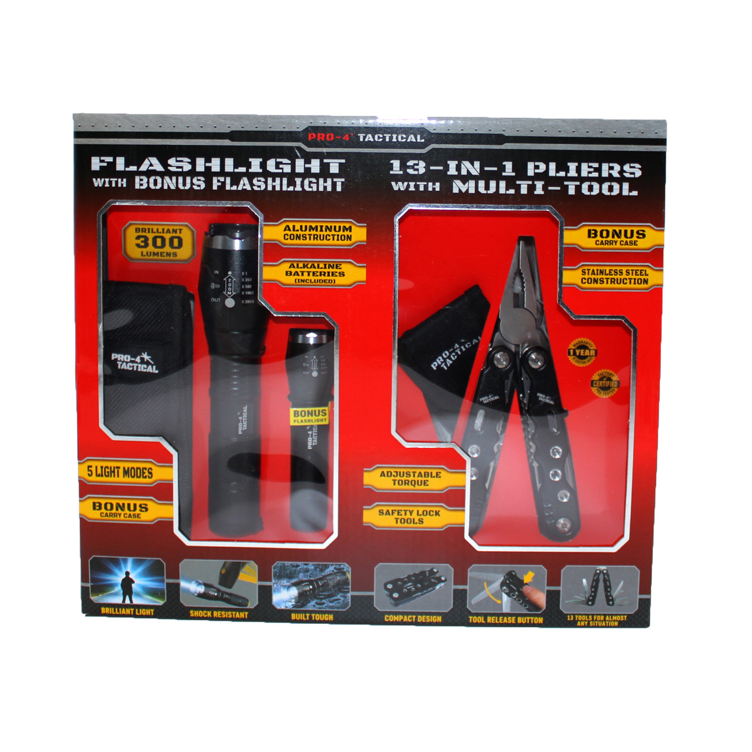 Pro-4 Tactical Gift Set, 300 Lumin Flashlight, 13-in1 Pliers with Multi ...