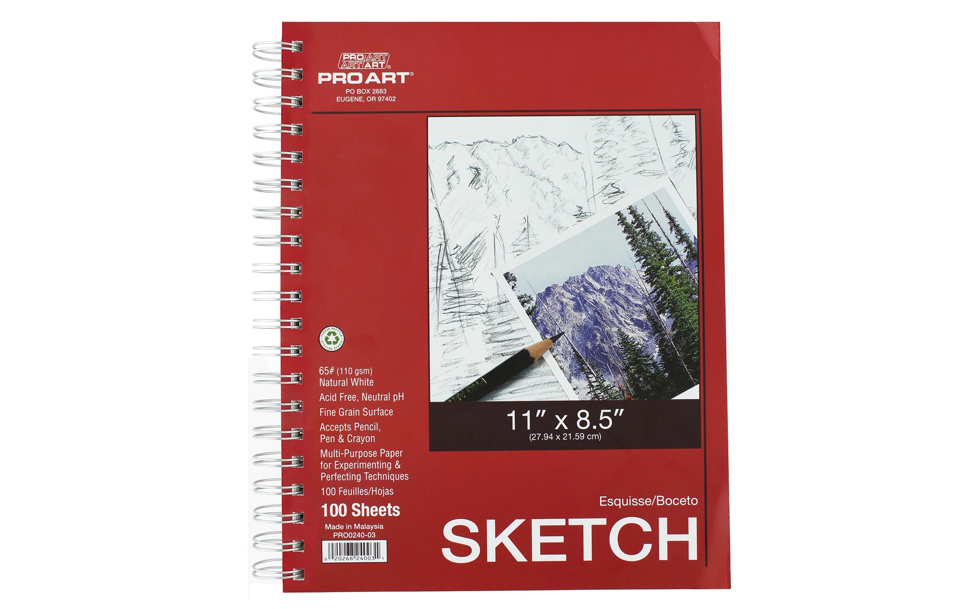 Pro Art Sketch Pad 11"x8.5", 60lb, 100 sheets, Side Wire, Sketch Book ...