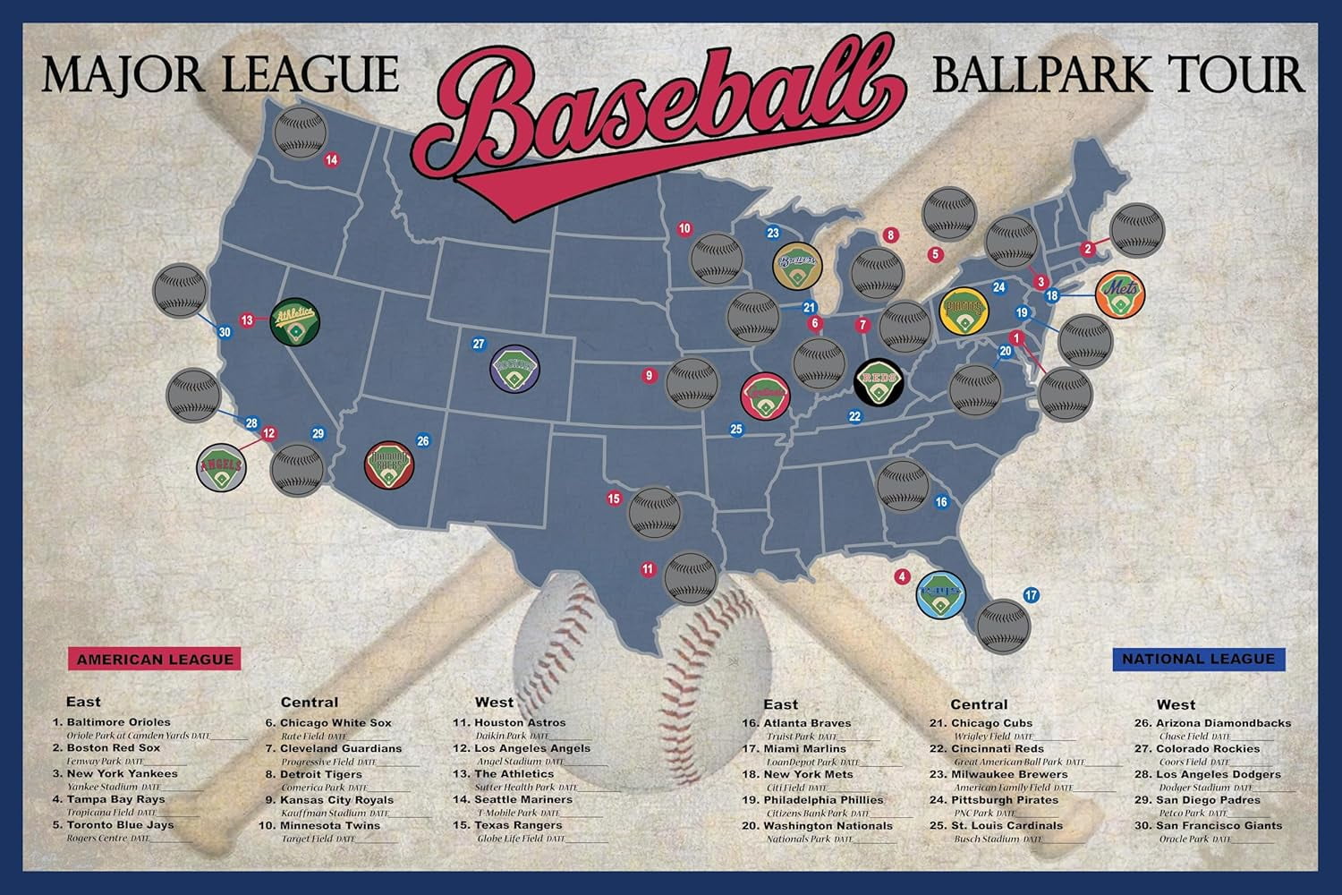 Pro Baseball Stadium Scratch Off Map; Ballpark Stadium Bucket List ...