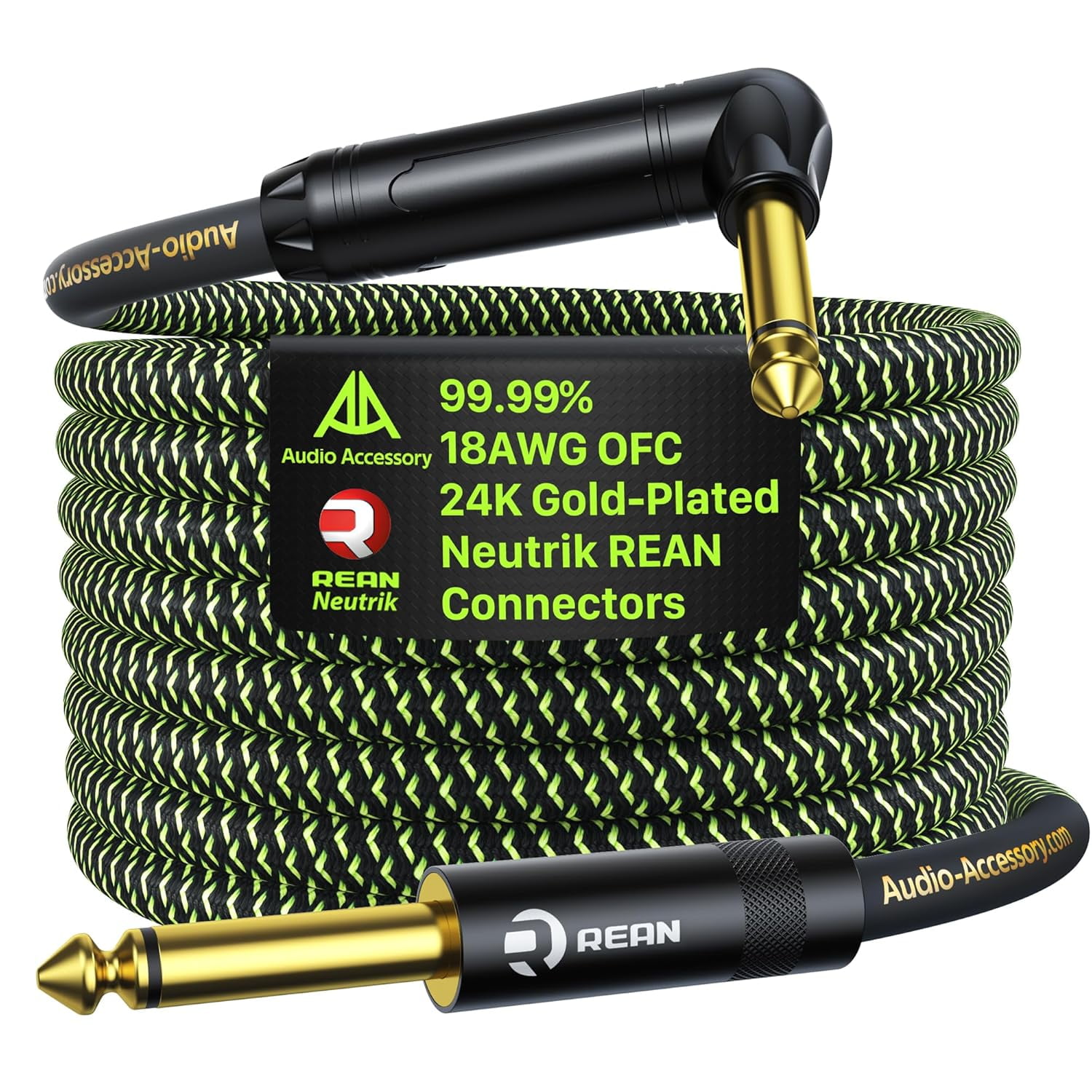 Pro Bass Guitar Cable 6ft Right Angle, Gold-Plated Neutrik REAN ...