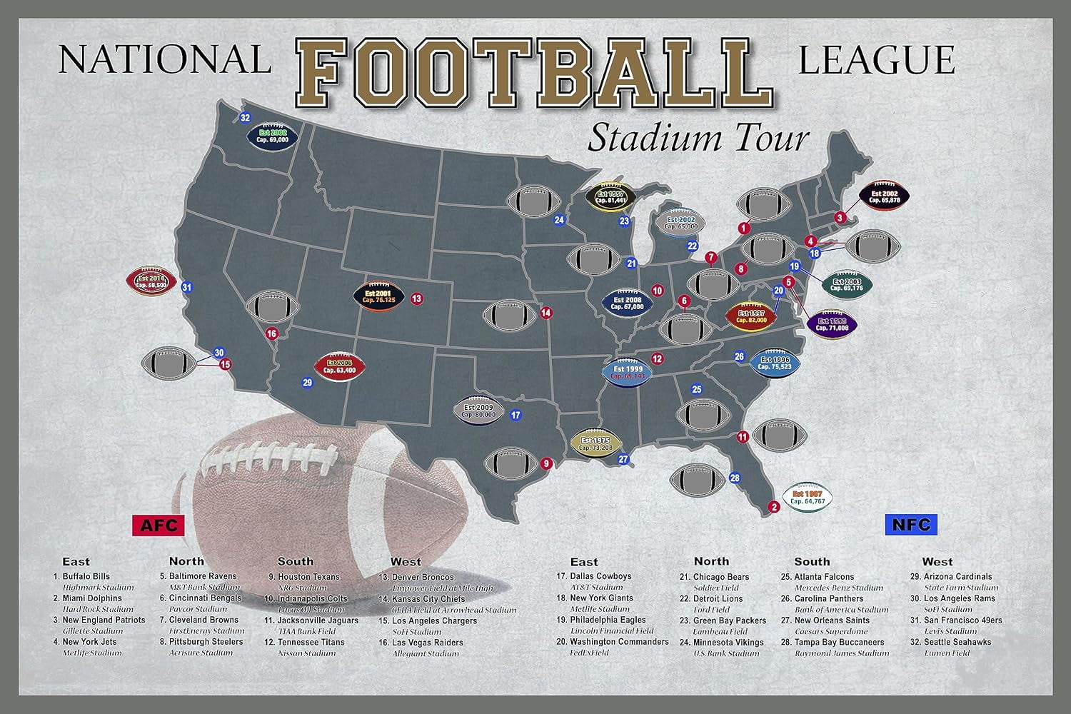 Pro Football Stadium Scratch Off Map; Football Stadium Bucket List ...