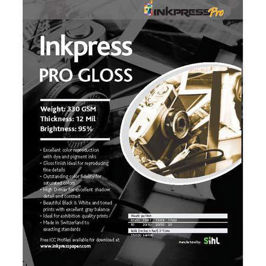 Pro Gloss Inkjet Photo Paper, 330gsm, 12mil, 95% Bright, 13x19", 50 ...