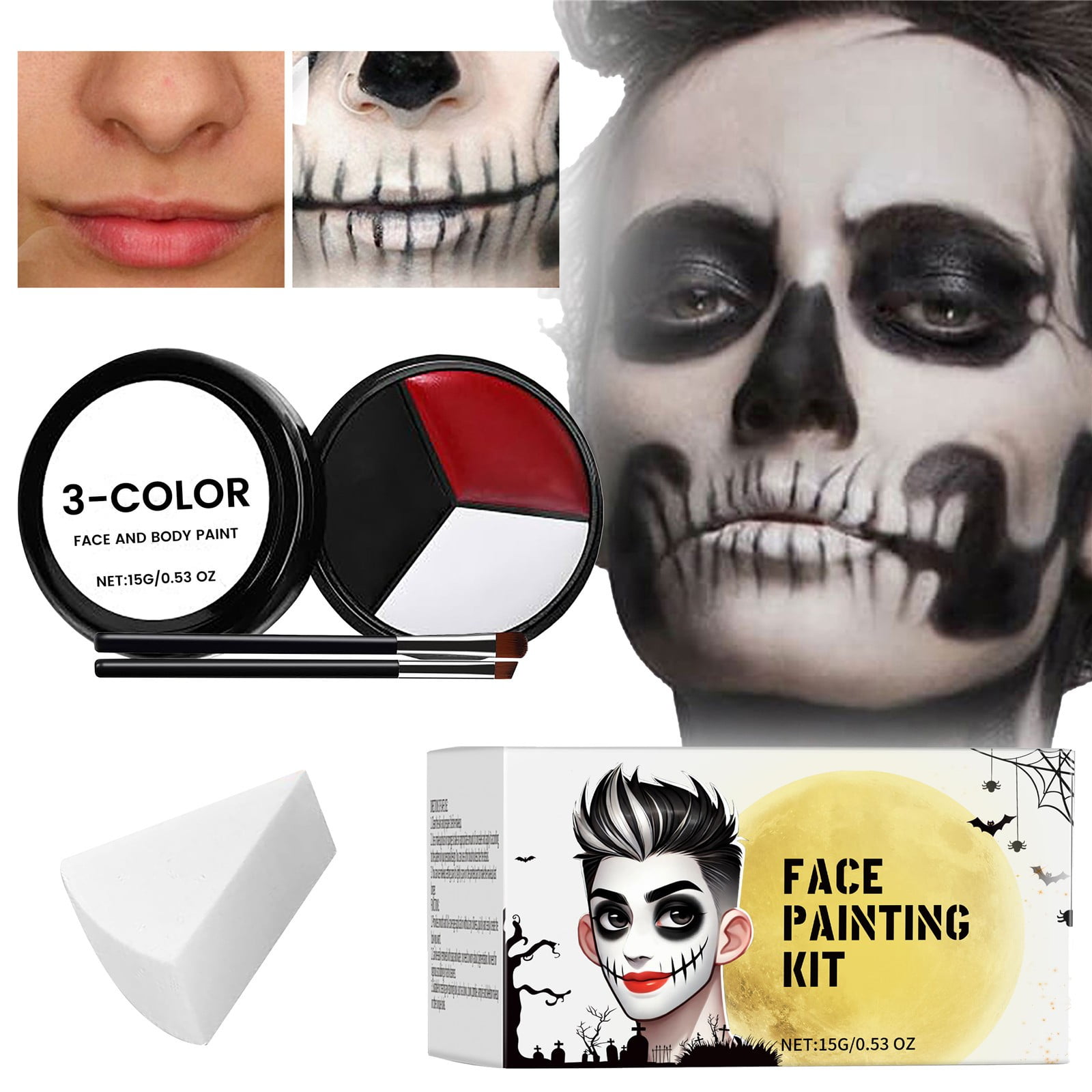 Pro-Grade Clown Makeup Kit, 3 Color Halloween Face Paint Set with Vegan ...