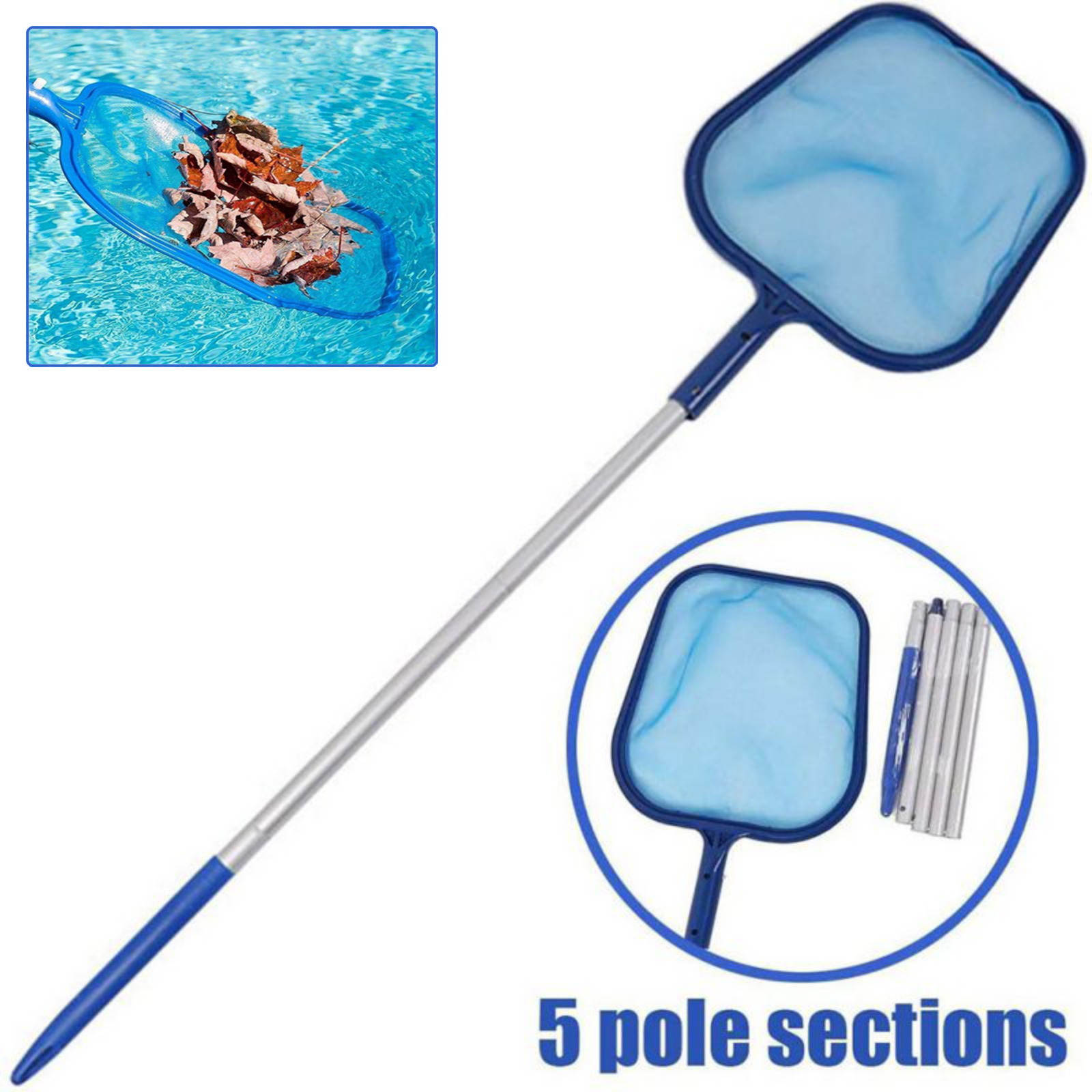 Pro Pool Skimmer 5ft Long, 5 Section Connecting Pole with Hook Handle ...