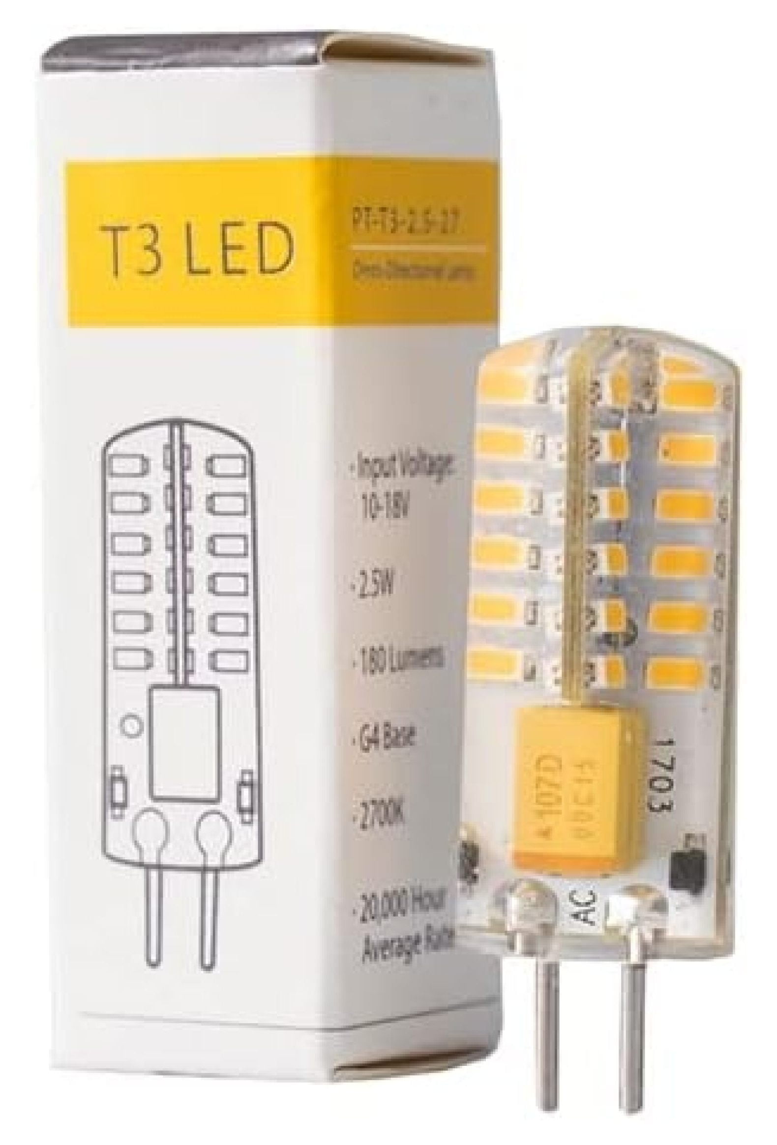 Pro-Trade T3 LED 2.5W 180 Lumens 2700K G4 Bi-Pin Base PT-T3-2.5-27 25,000 Hours Omnidirectional ...