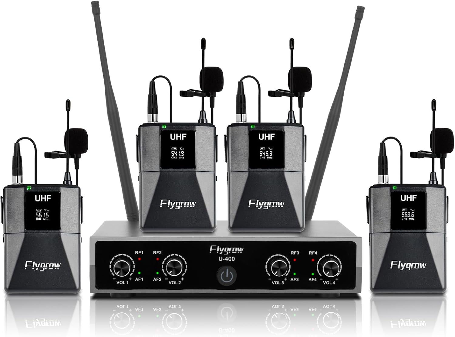 Pro UHF 4 Channel Wireless Microphone System with Lapel Lavalier Mics ...