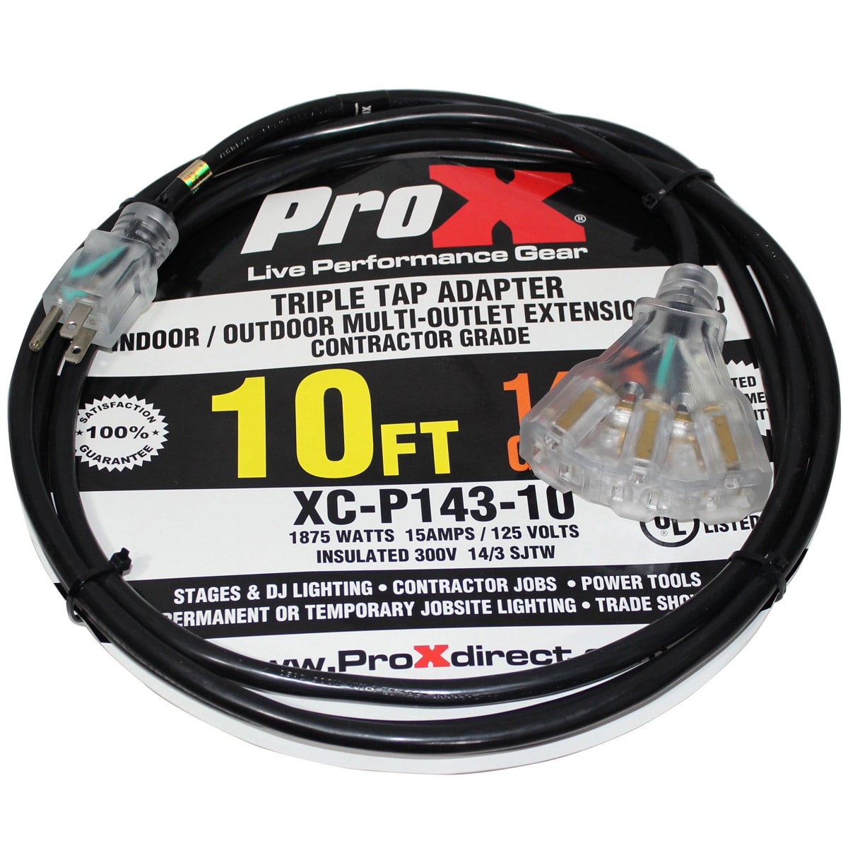 ProX XC-P143-10 10' 14AWG 110V to 110V Female Triple Tap Adapter Power ...