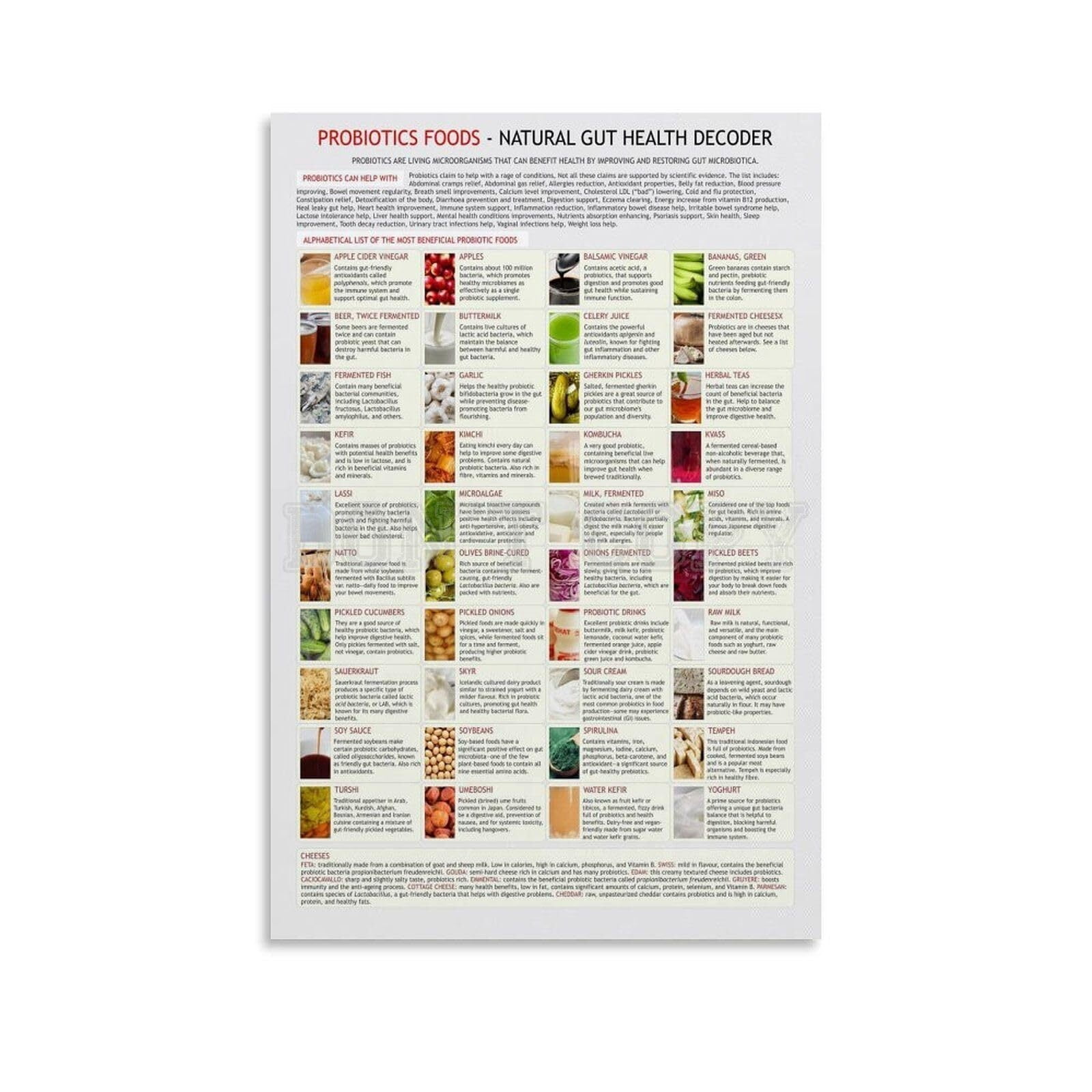 Probiotic Foods Chart Poster Healthy Diet Poster Canvas Painting Wall ...
