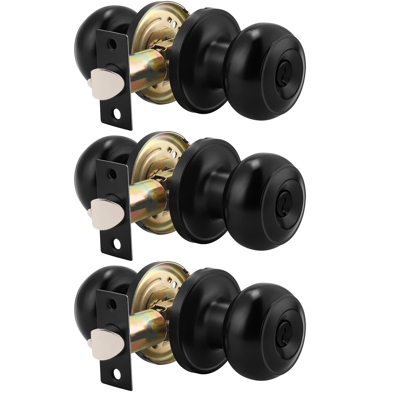 Probrico (3 Pack) Black Round Entry Door Knobs with Key, Exterior/Interior Door Handles Bedroom ...