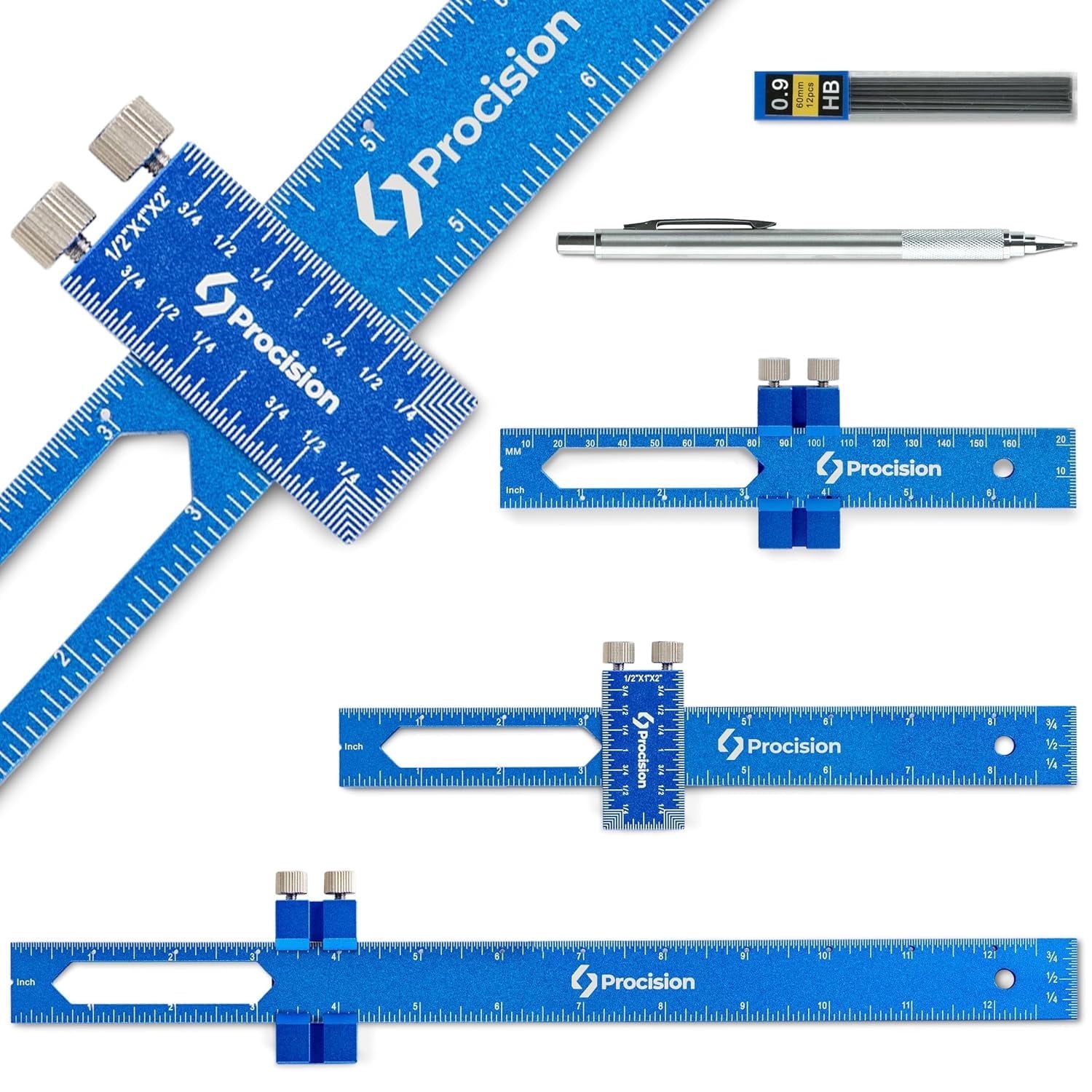 Procision Woodworking Ruler Set, 3-Piece (12, 8, 6 Inch) w/ 2" Sliding ...