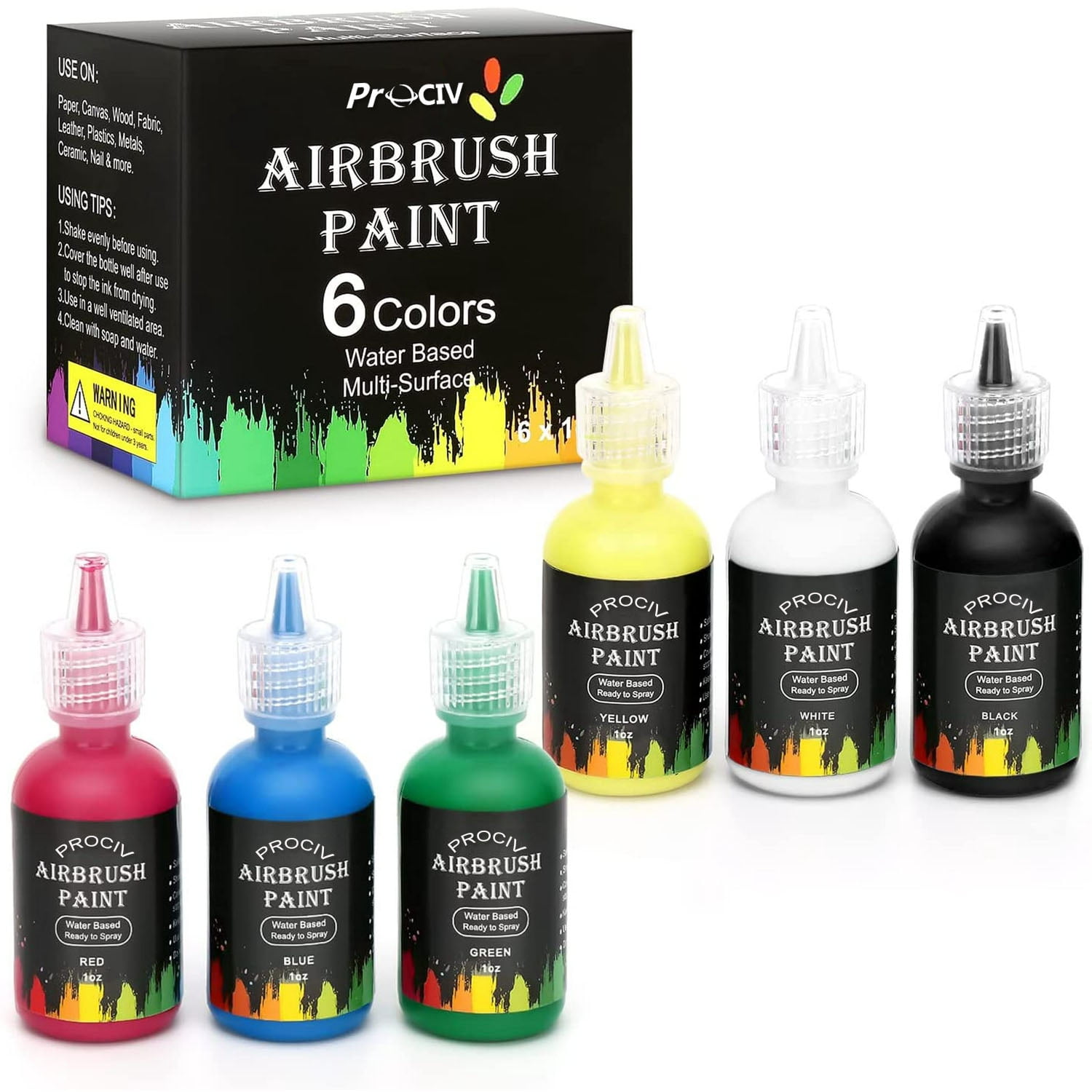 Prociv Airbrush Paint, 6 Color Acrylic Airbrush Paint Set, Water Based ...