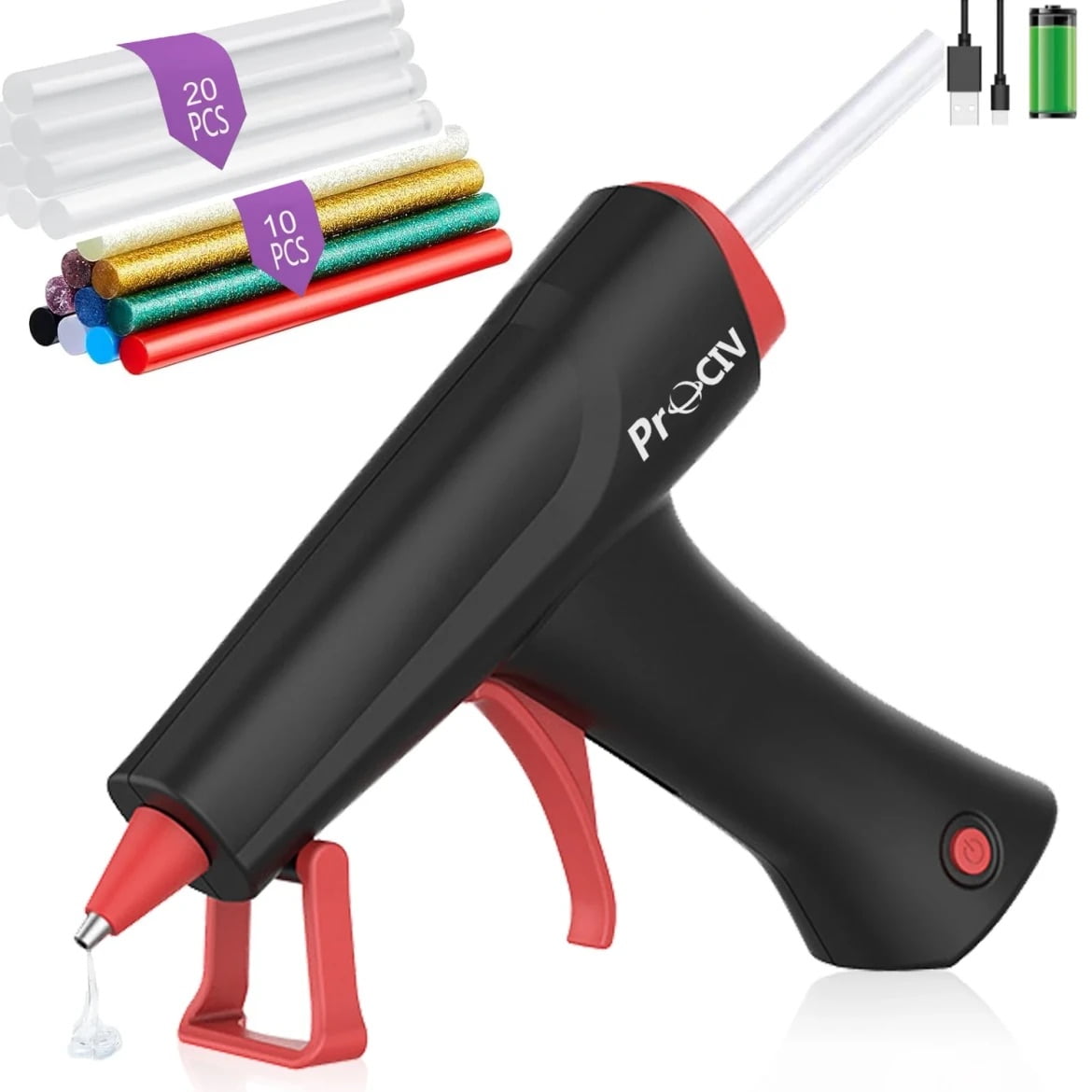 Prociv Cordless Hot Glue Gun Kit with 30pcs Sticks, Stand, Fast ...