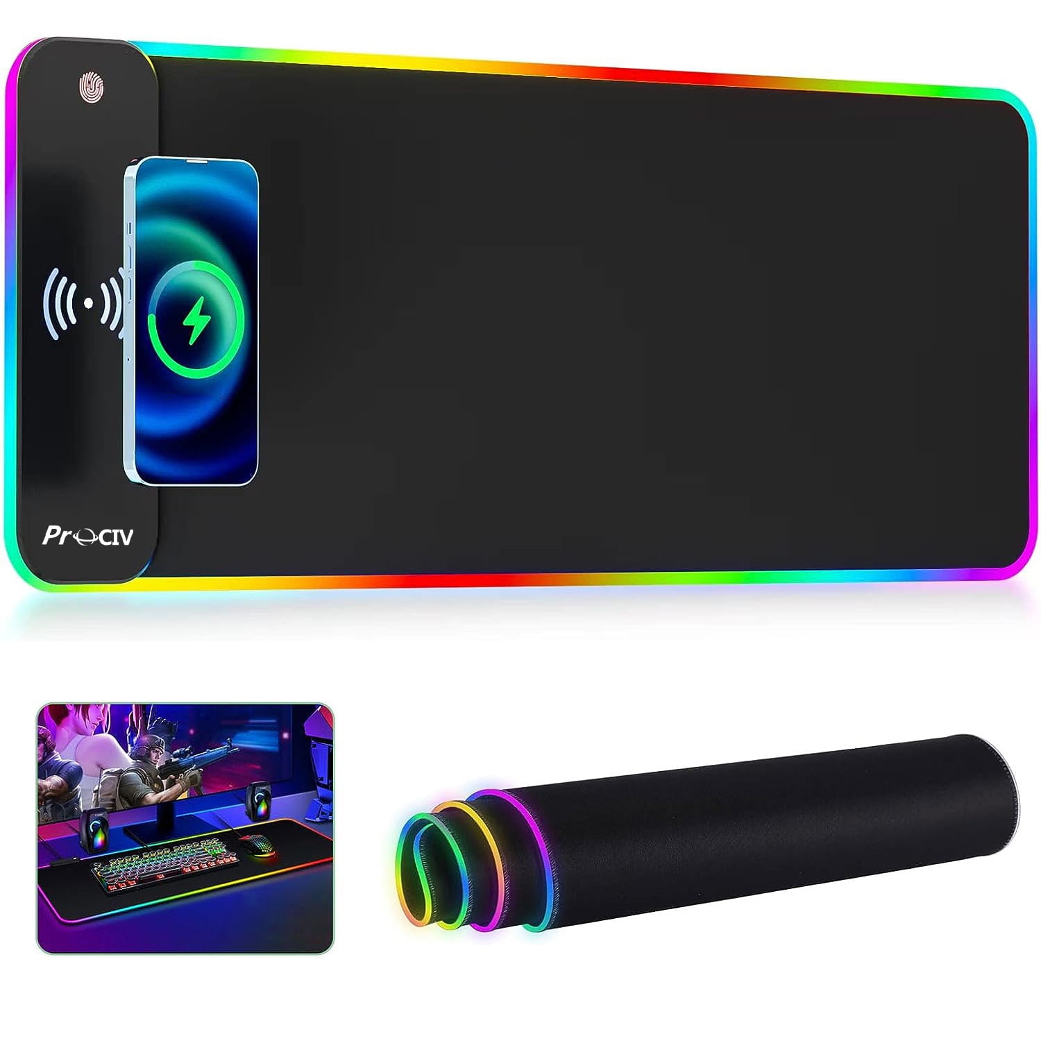 Prociv Large RGB Gaming Mouse Pad, 15W Wireless Charging Keyboard Mat ...