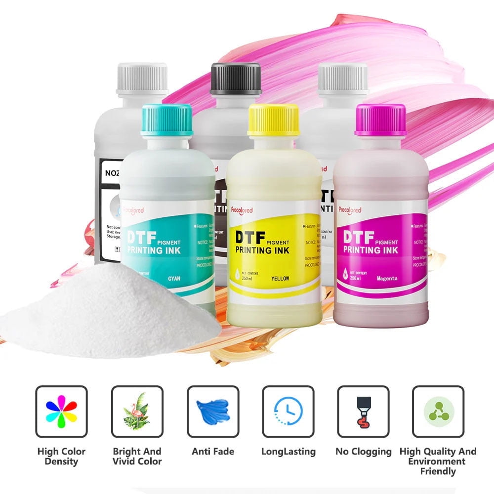 Procolored 6*250ml DTF Ink CMYKW + Nozzle Protection Liquid and 500g White Powder Direct to ...