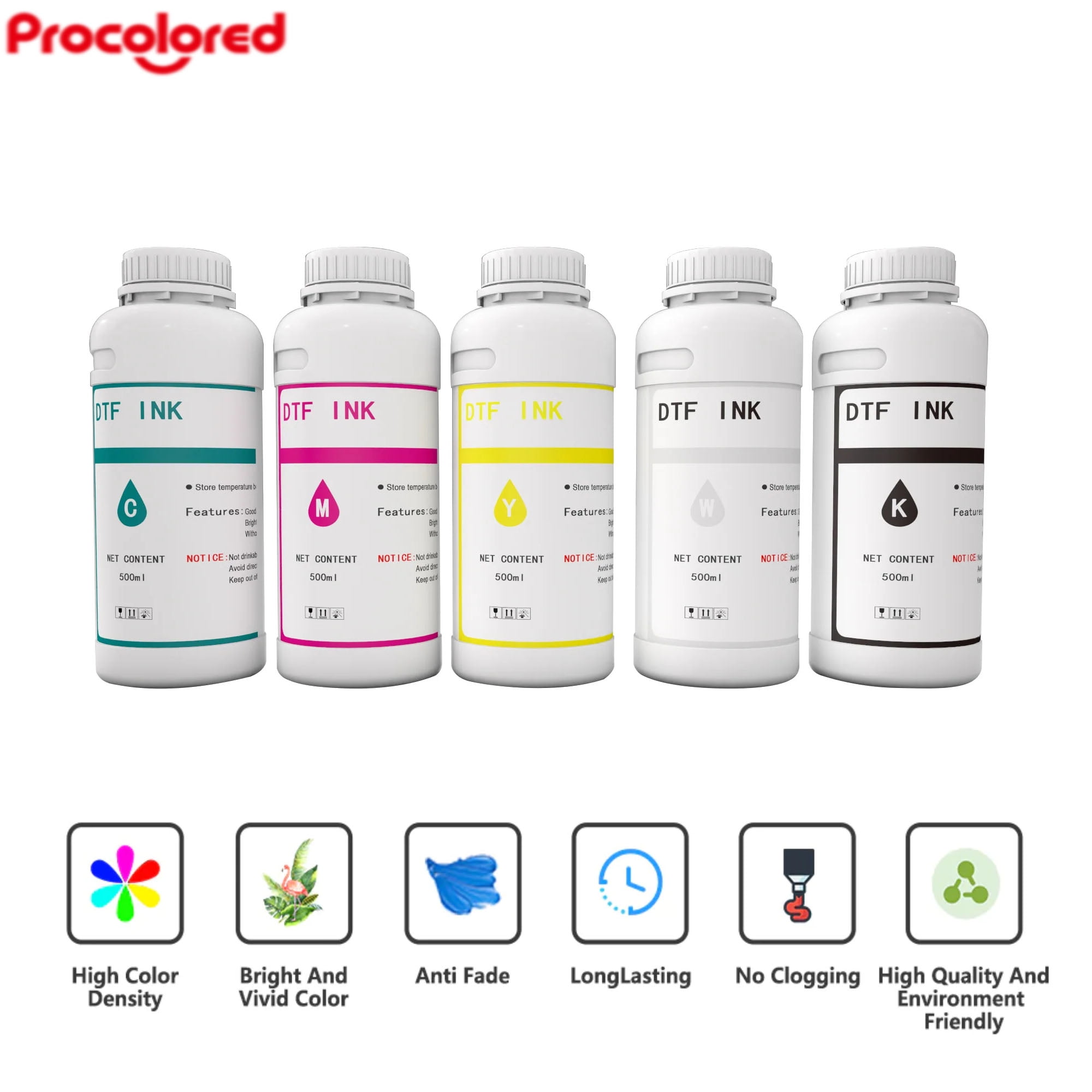 Procolored 5*500ml DTF Ink CMYKW Direct to Transfer Film Ink for DTF Printers - Walmart.com