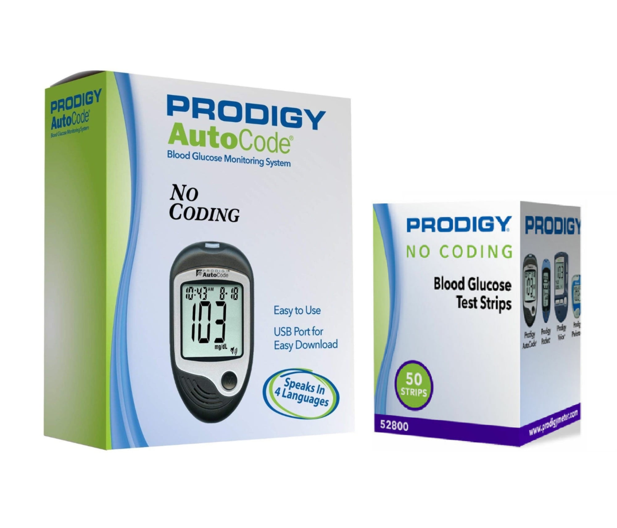 Prodigy Autocode Meter with Blood Glucose Test Strips, 2 Boxes of 50 ...